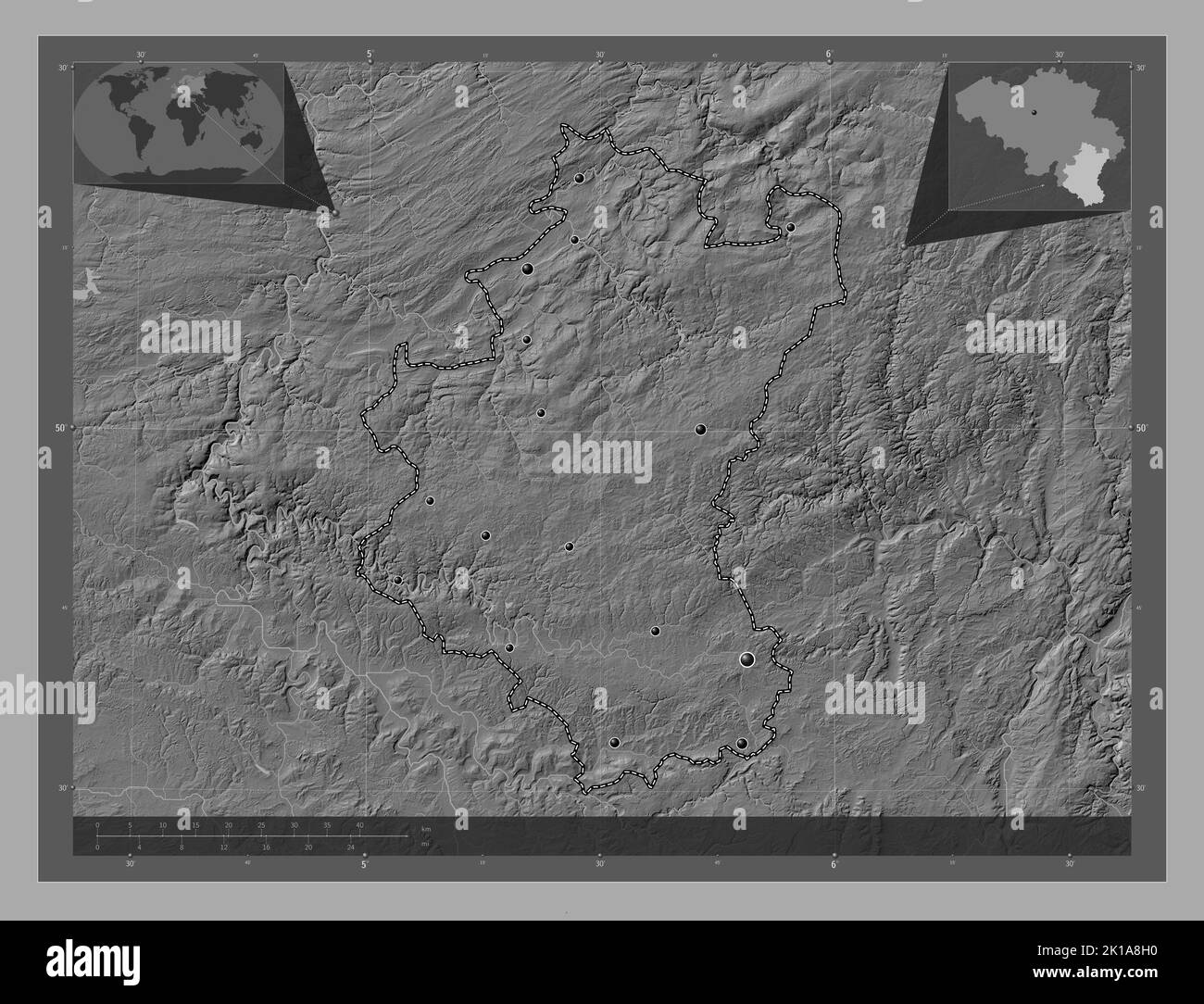 Luxembourg, province of Belgium. Bilevel elevation map with lakes and ...