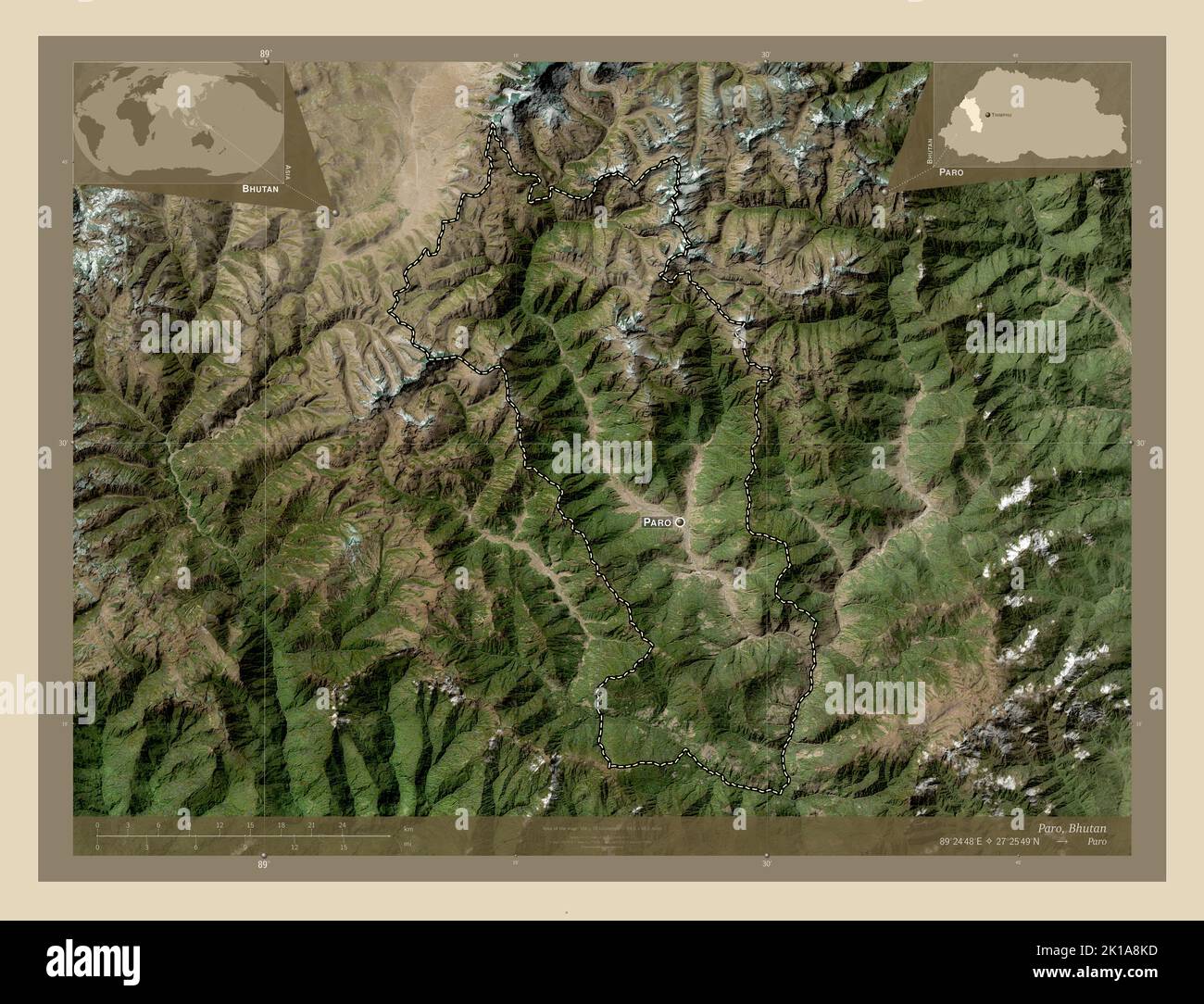 Paro, district of Bhutan. High resolution satellite map. Locations and names of major cities of ...