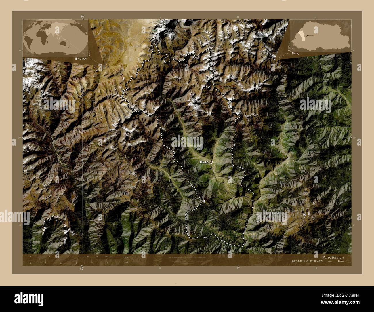 Paro, district of Bhutan. Low resolution satellite map. Locations and ...