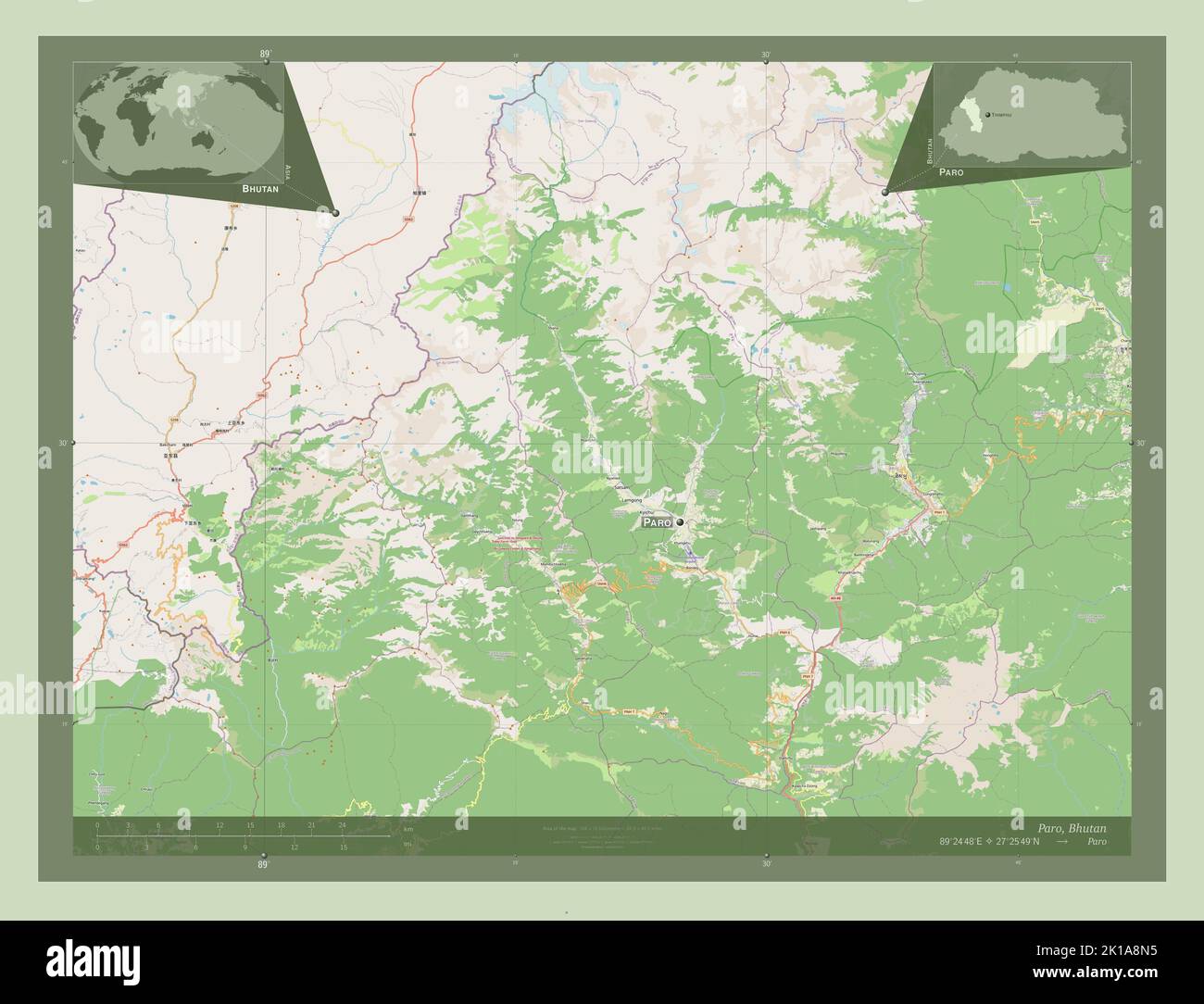 Paro, district of Bhutan. Open Street Map. Locations and names of major ...