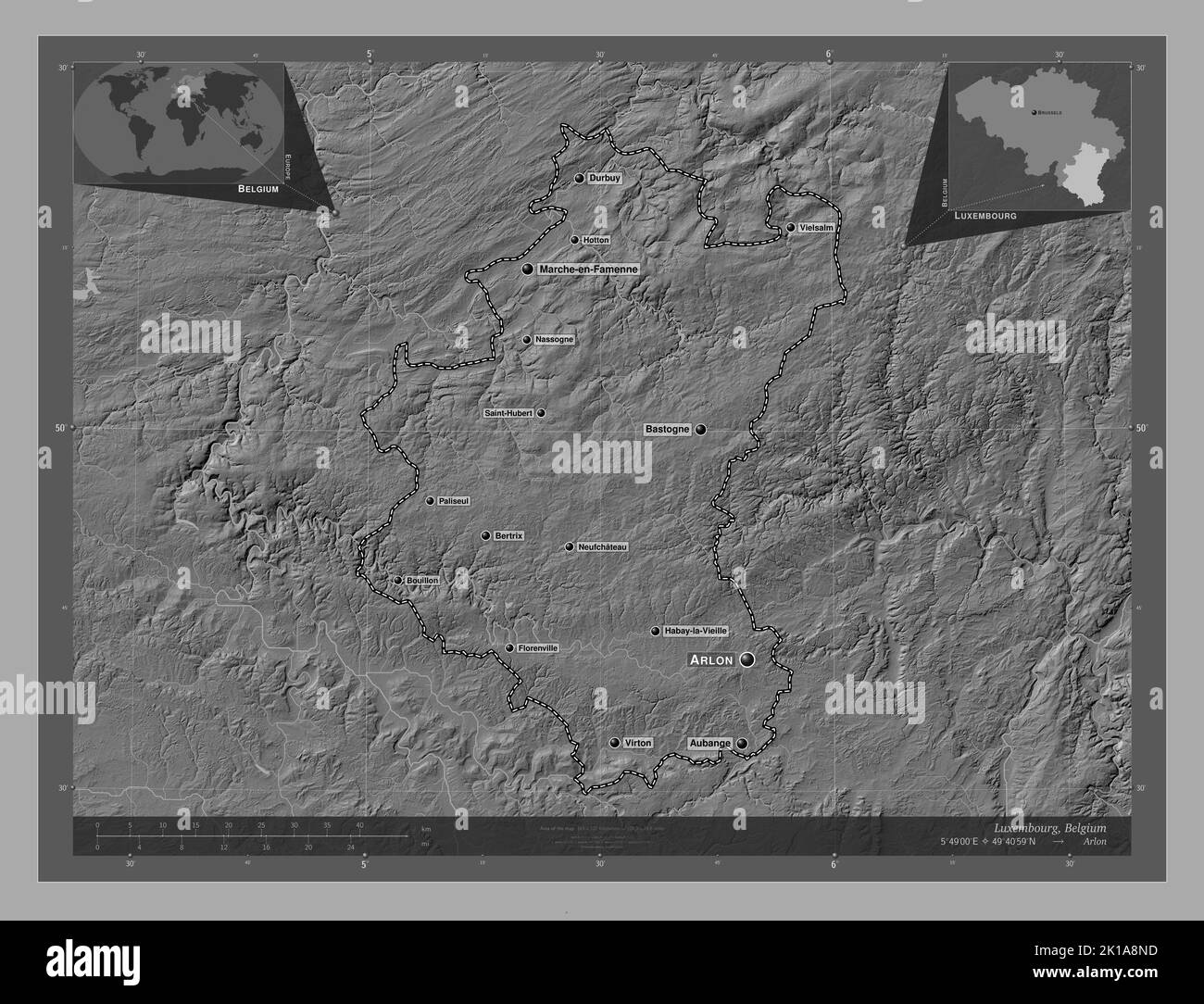 Luxembourg, province of Belgium. Bilevel elevation map with lakes and ...