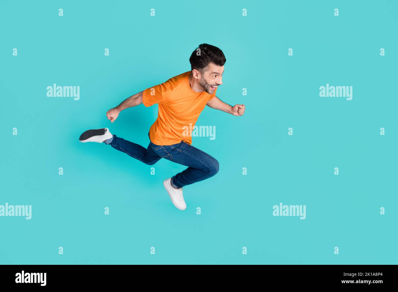 Top high angle full length photo of positive man look empty space ...