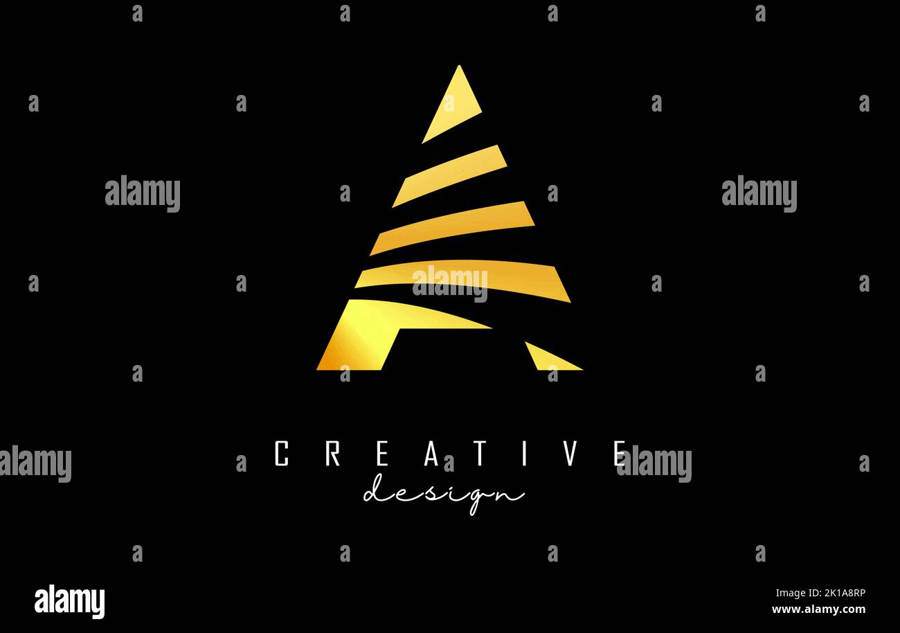 Golden letterA logo with leading lines design. Letter with geometric ...
