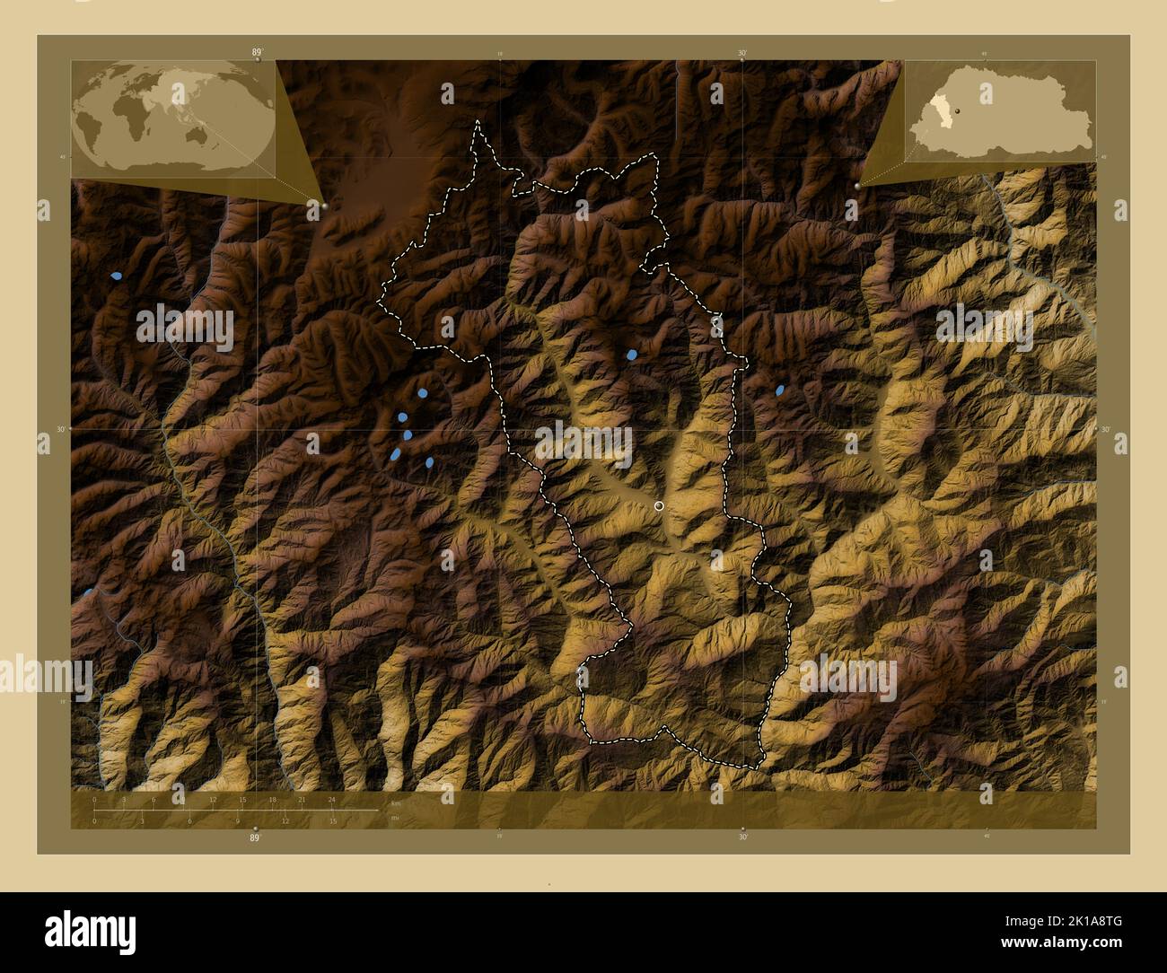 Paro, district of Bhutan. Colored elevation map with lakes and rivers ...