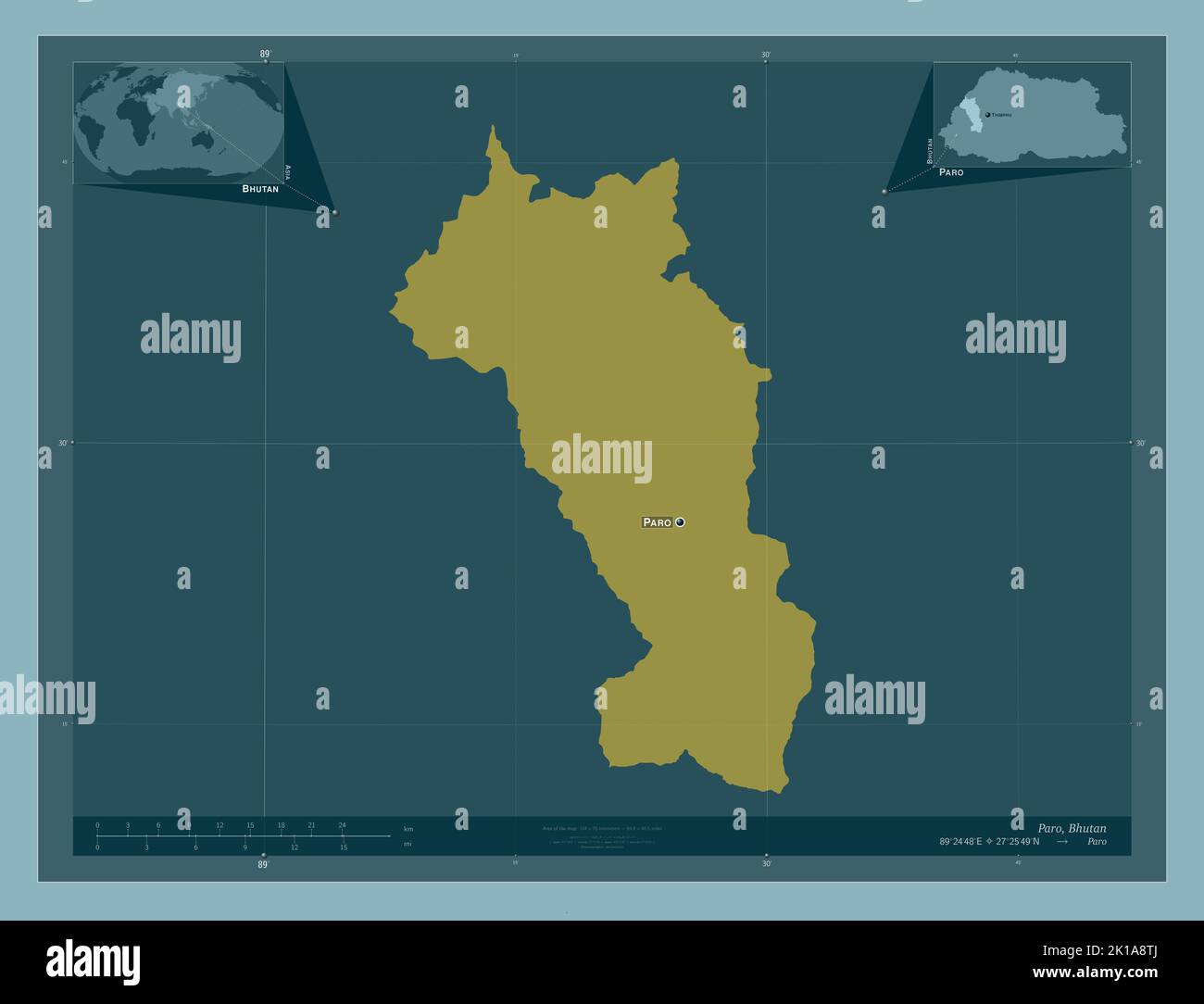Paro, district of Bhutan. Solid color shape. Locations and names of ...