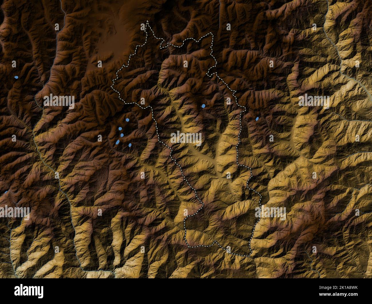 Paro, district of Bhutan. Colored elevation map with lakes and rivers ...
