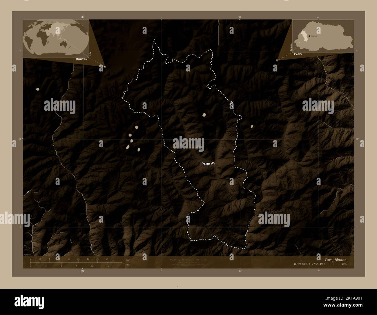 Paro, district of Bhutan. Elevation map colored in sepia tones with ...