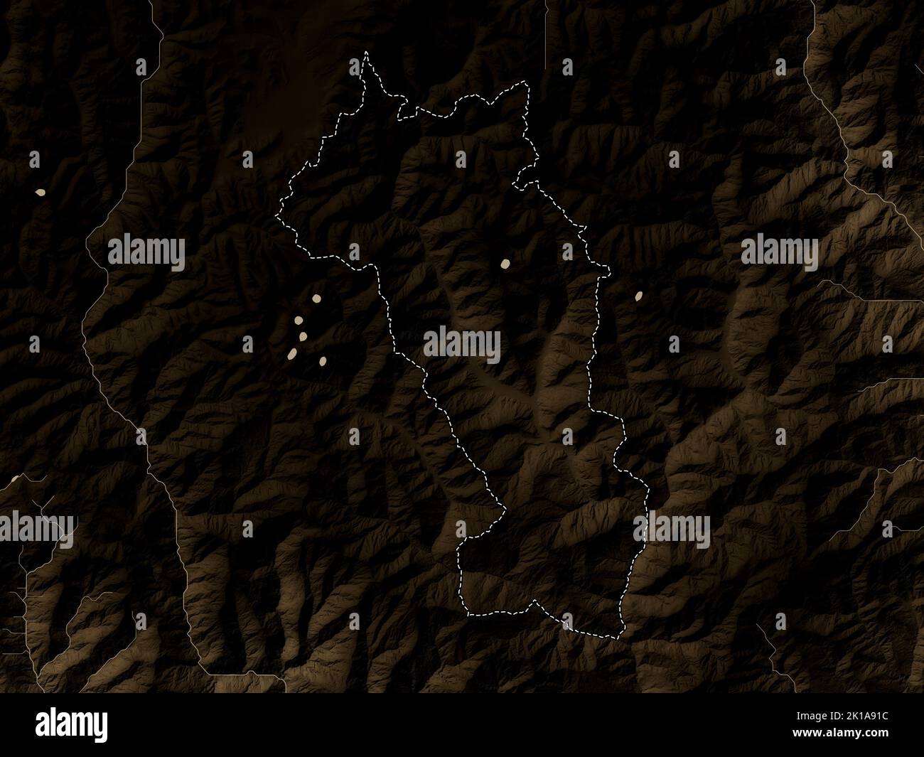 Paro, district of Bhutan. Elevation map colored in sepia tones with ...