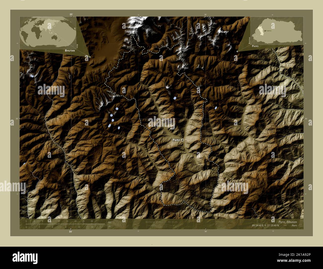 Paro, district of Bhutan. Elevation map colored in wiki style with ...