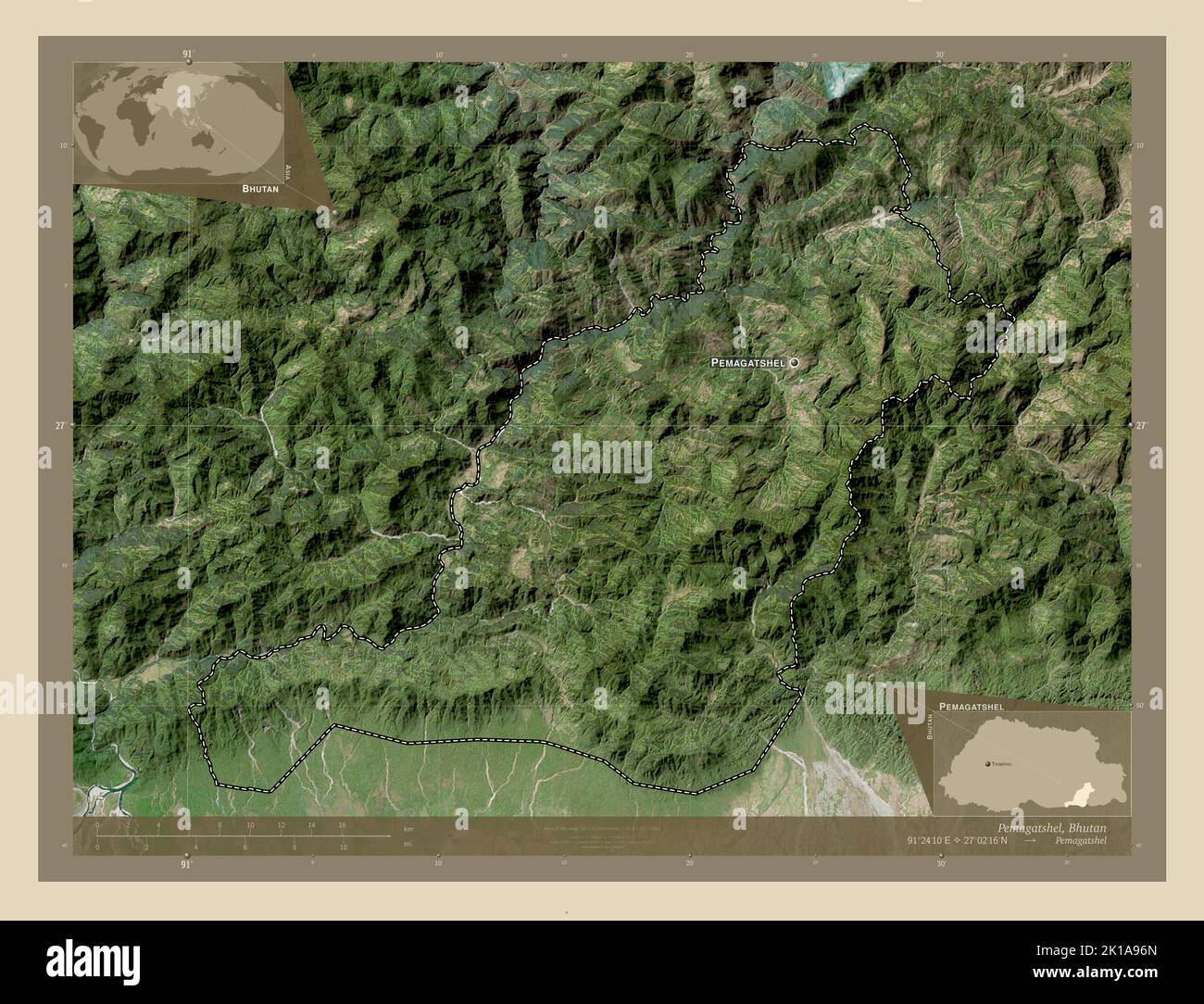 Pemagatshel, district of Bhutan. High resolution satellite map ...