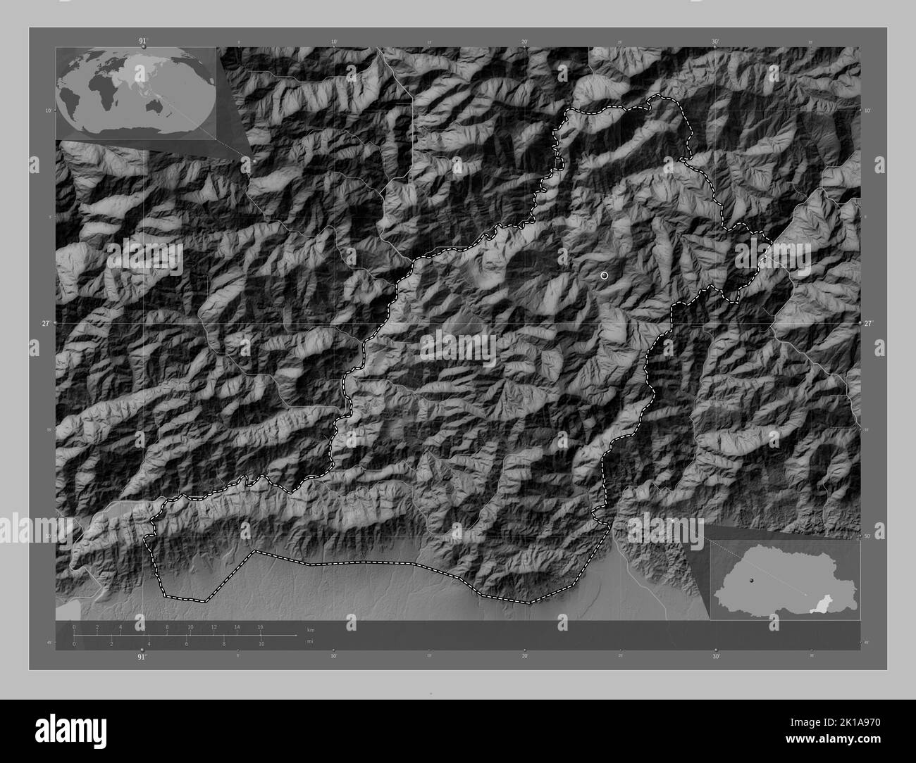 Pemagatshel, district of Bhutan. Grayscale elevation map with lakes and rivers. Corner auxiliary ...
