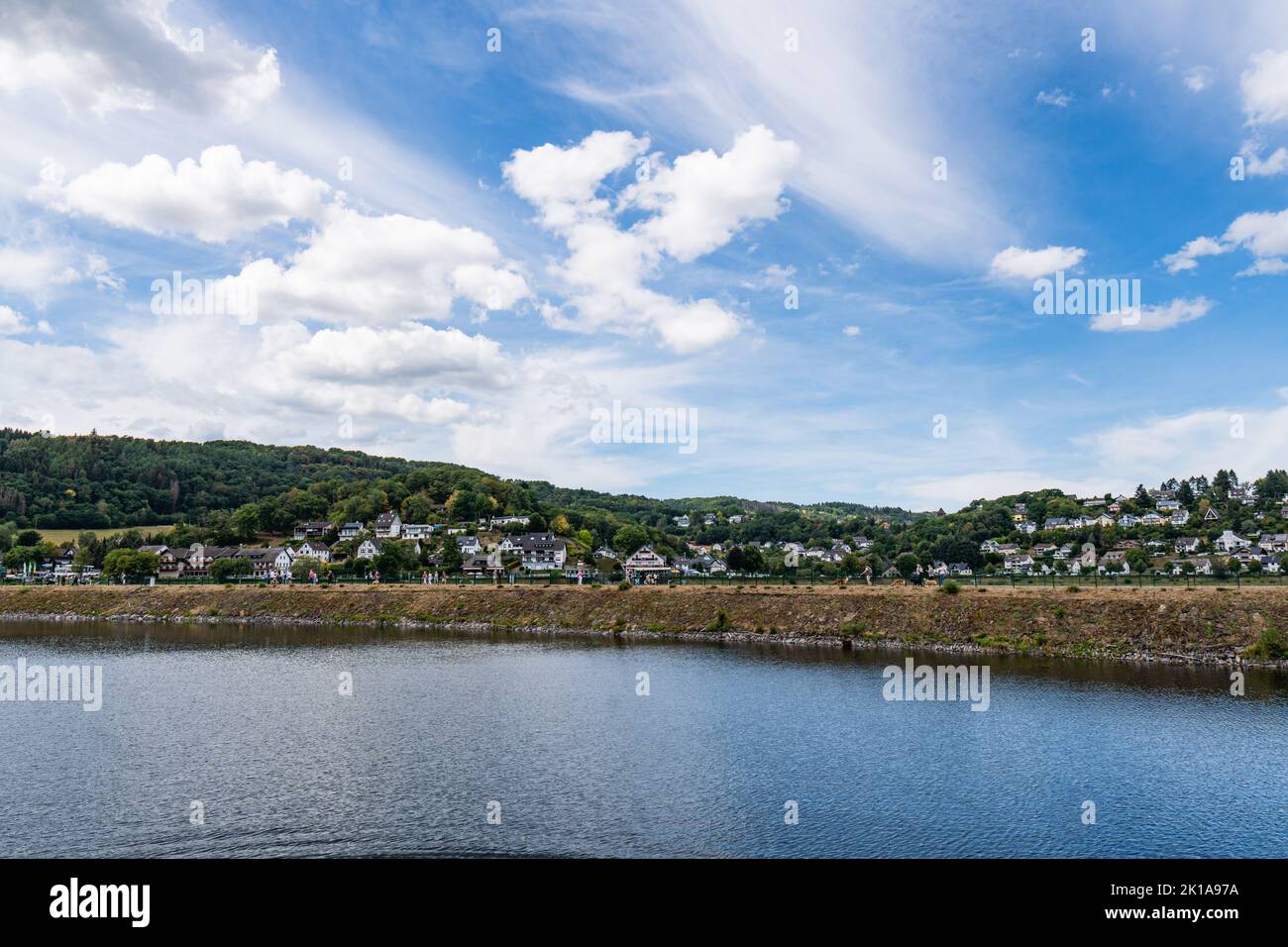 Small Village at the shore of lake Rursee, In the middle of the Eifel ...