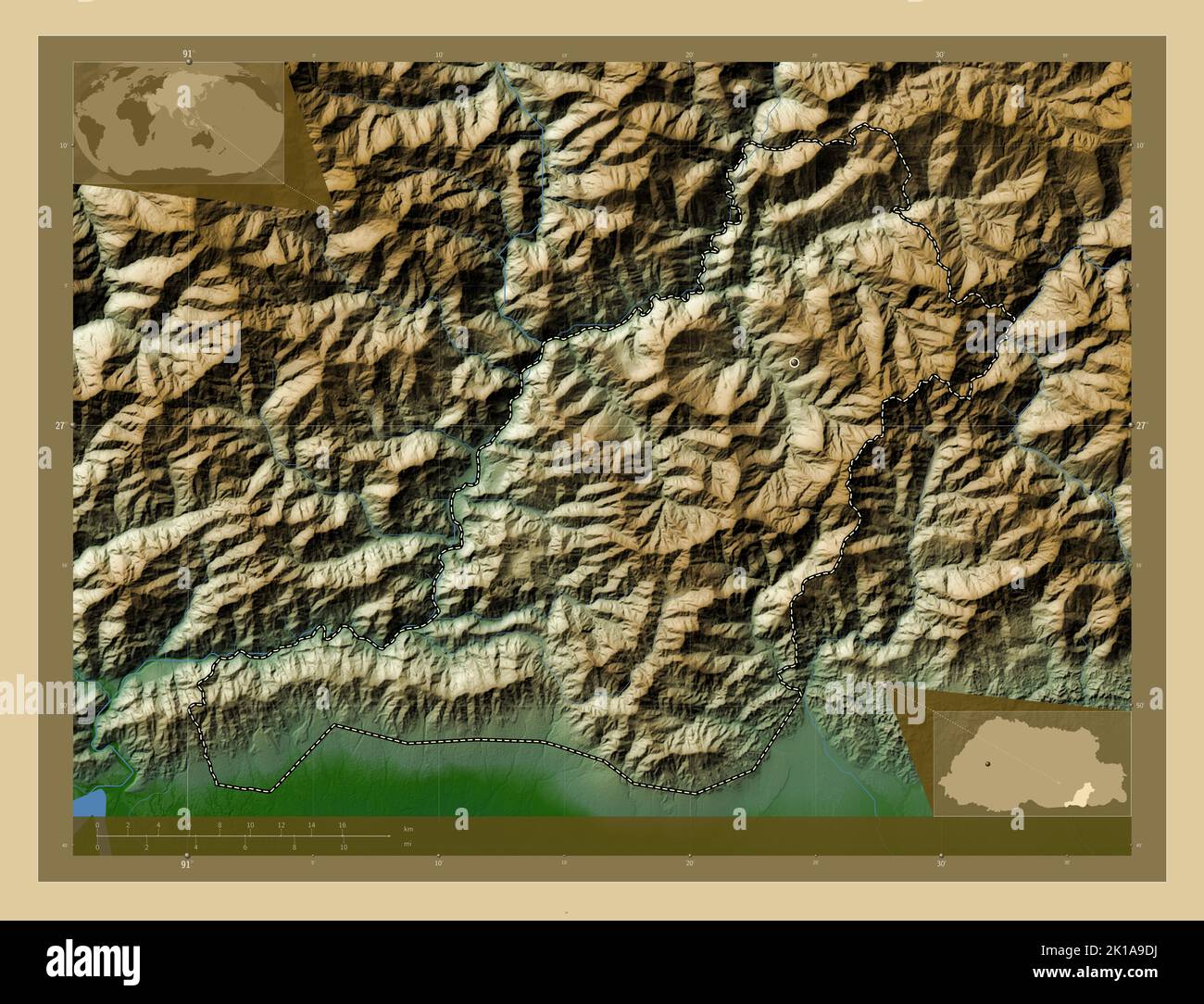 Pemagatshel, district of Bhutan. Colored elevation map with lakes and ...