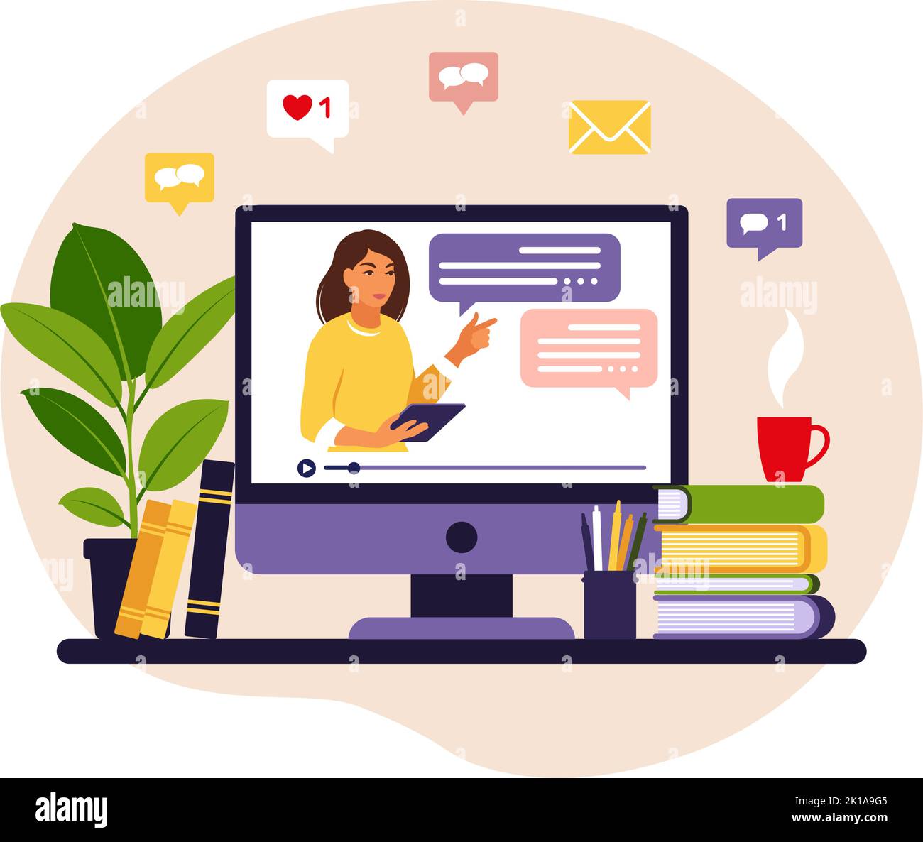 Online learning concept. Teacher at chalkboard, video lesson. Distance ...