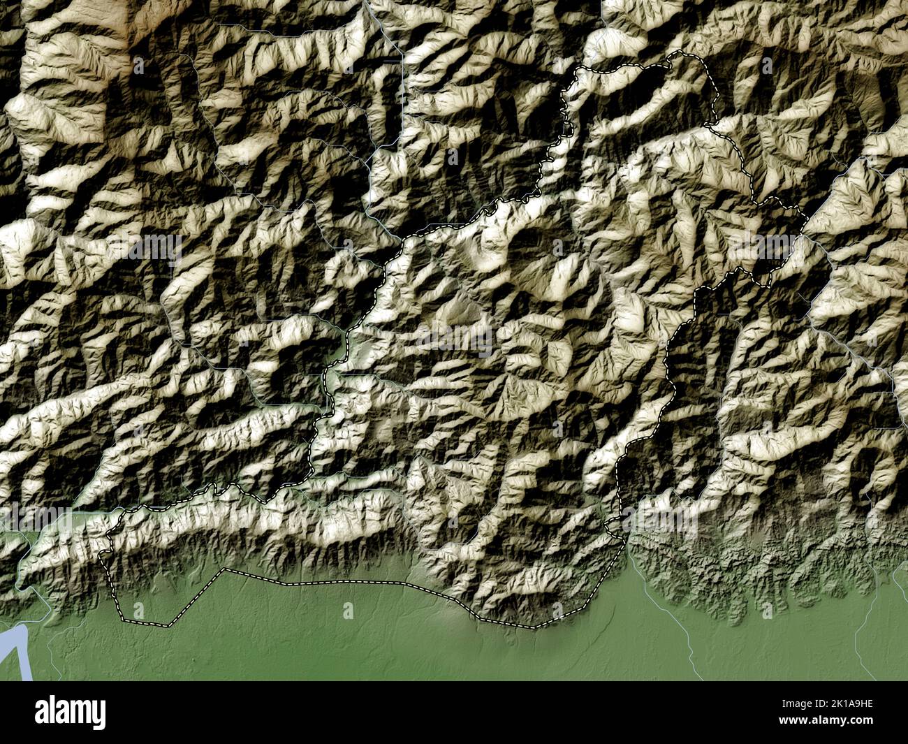 Pemagatshel, district of Bhutan. Elevation map colored in wiki style with lakes and rivers Stock ...
