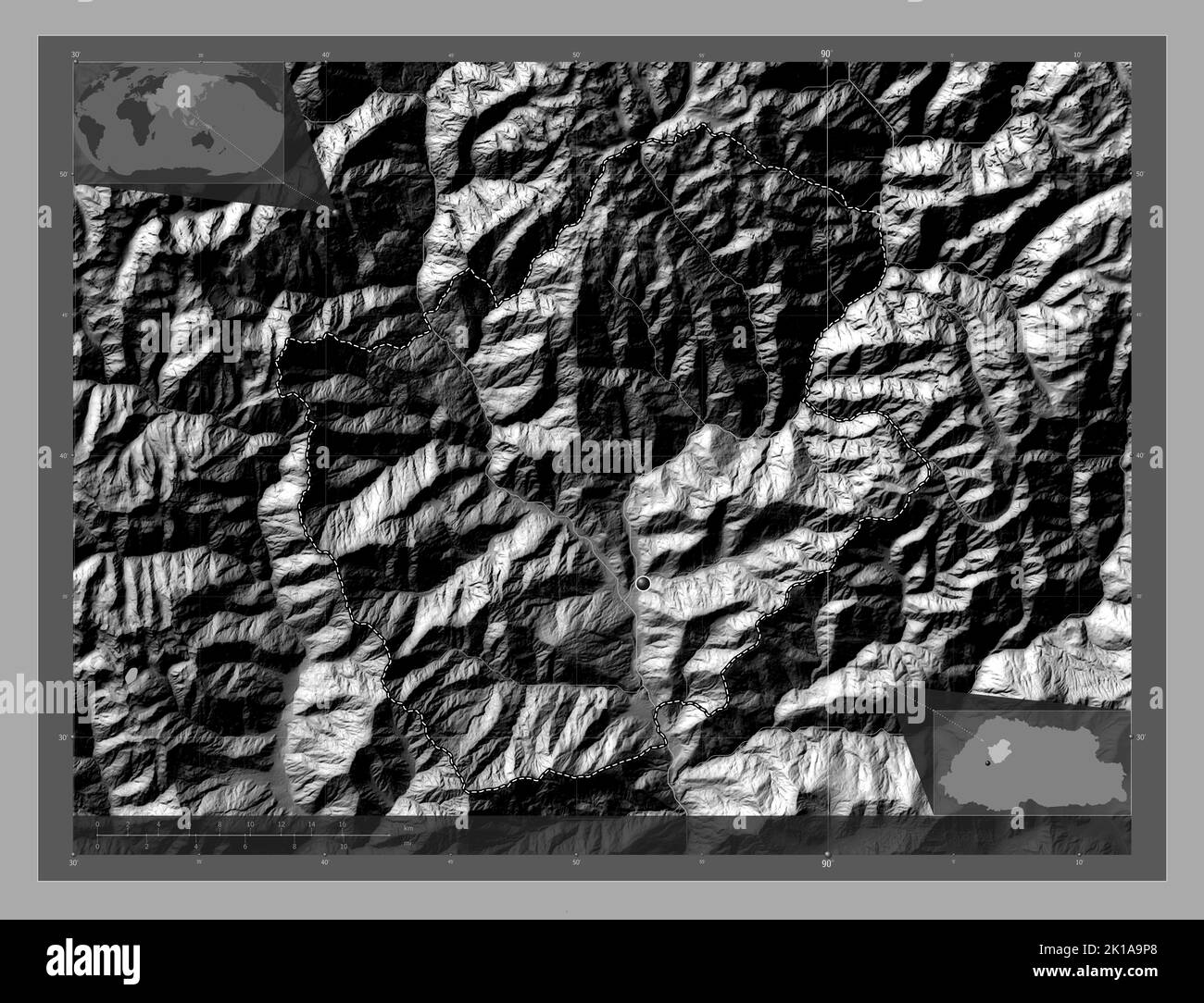 Punakha, district of Bhutan. Bilevel elevation map with lakes and ...