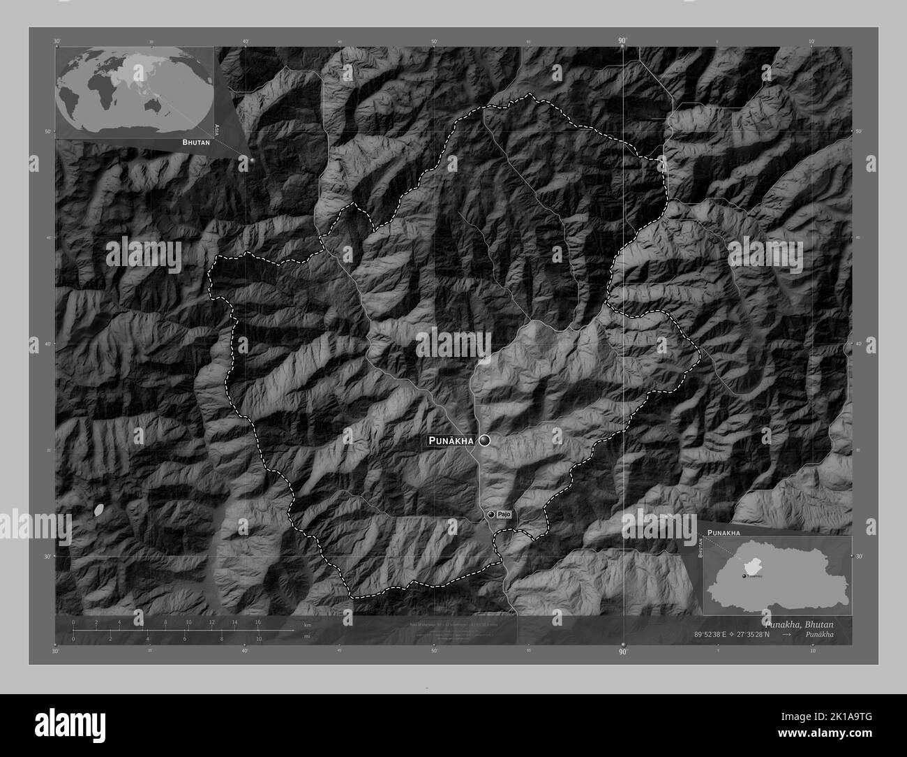 Punakha, district of Bhutan. Grayscale elevation map with lakes and rivers. Locations and names ...