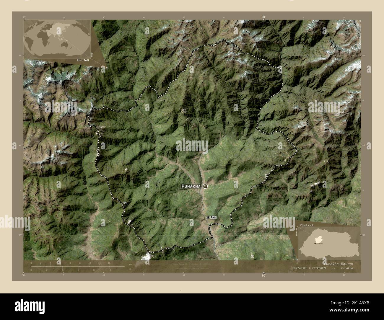 Punakha, district of Bhutan. High resolution satellite map. Locations ...
