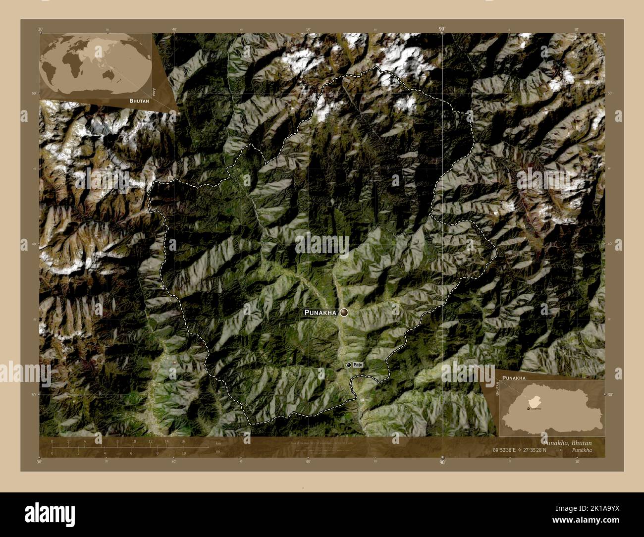 Punakha, district of Bhutan. Low resolution satellite map. Locations ...