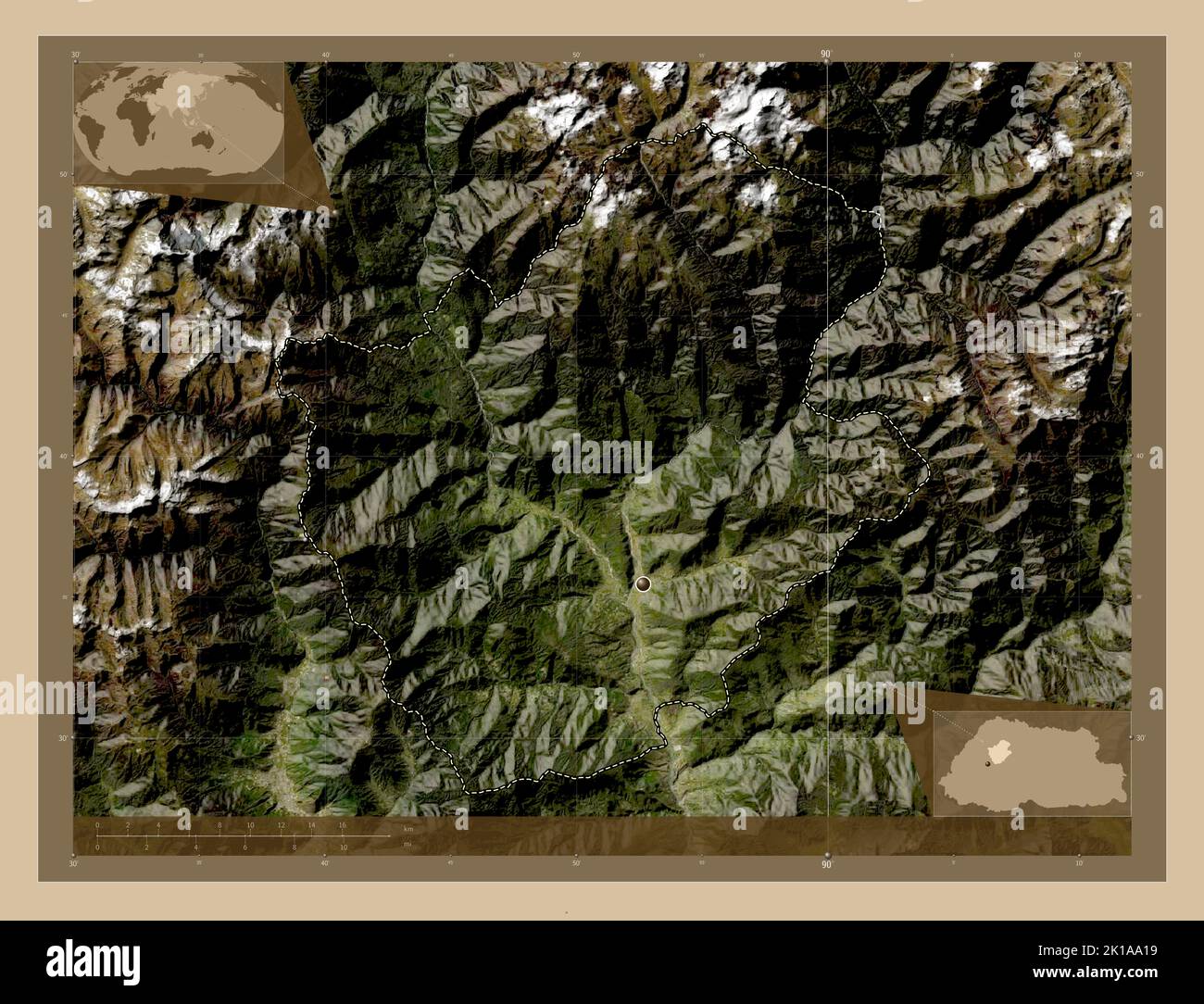 Punakha, district of Bhutan. Low resolution satellite map. Corner ...