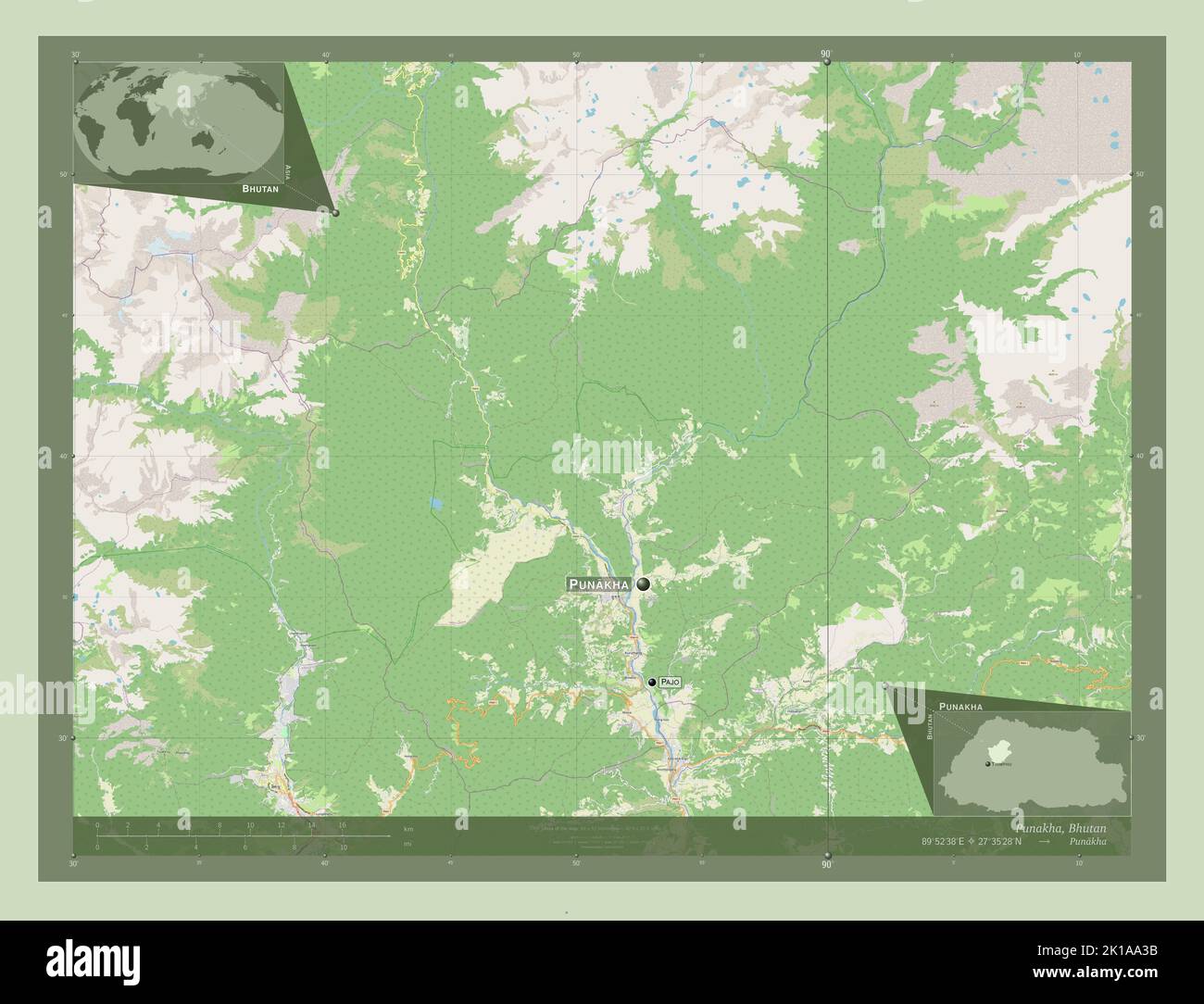 Punakha, district of Bhutan. Open Street Map. Locations and names of ...