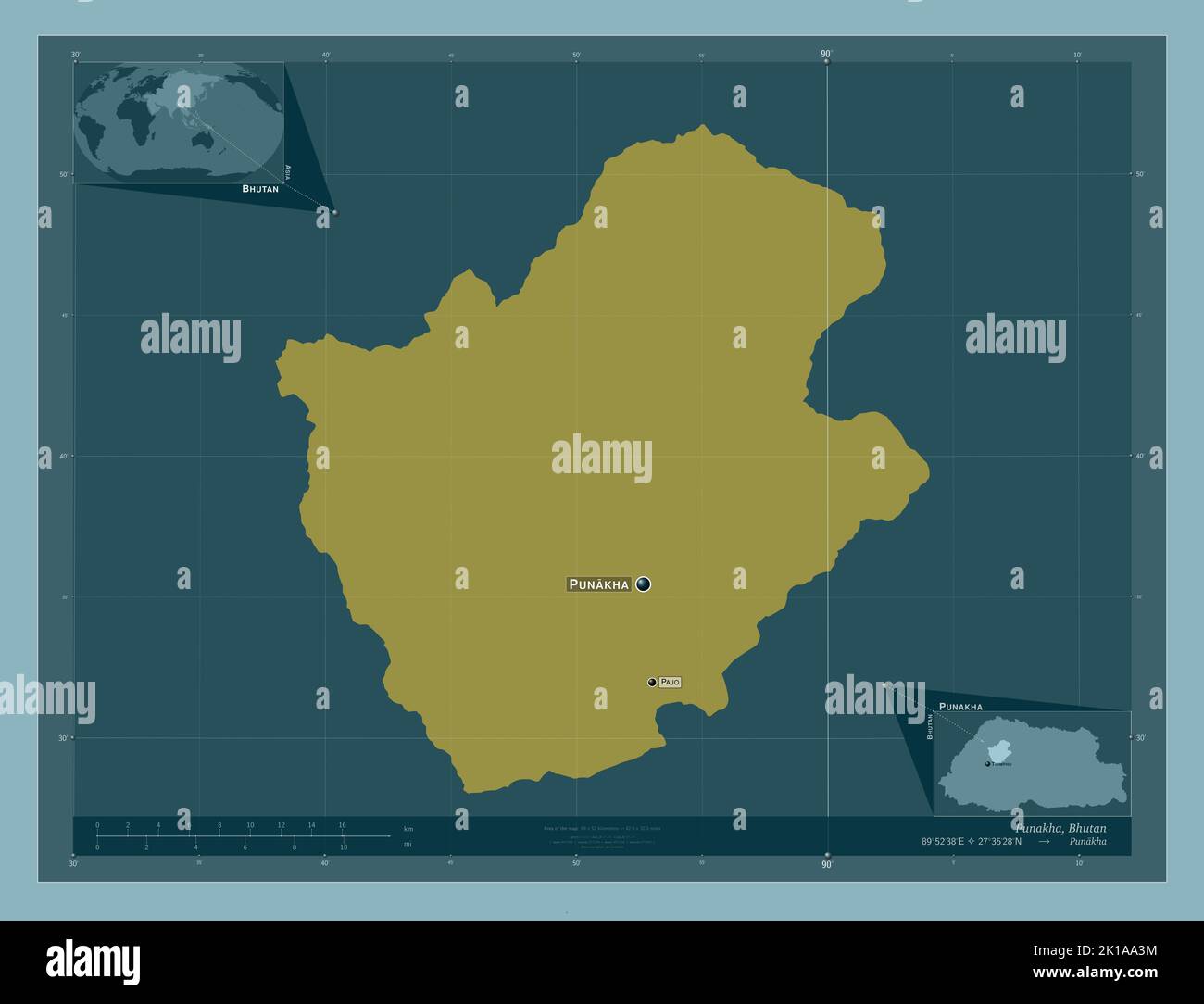 Punakha, district of Bhutan. Solid color shape. Locations and names of ...