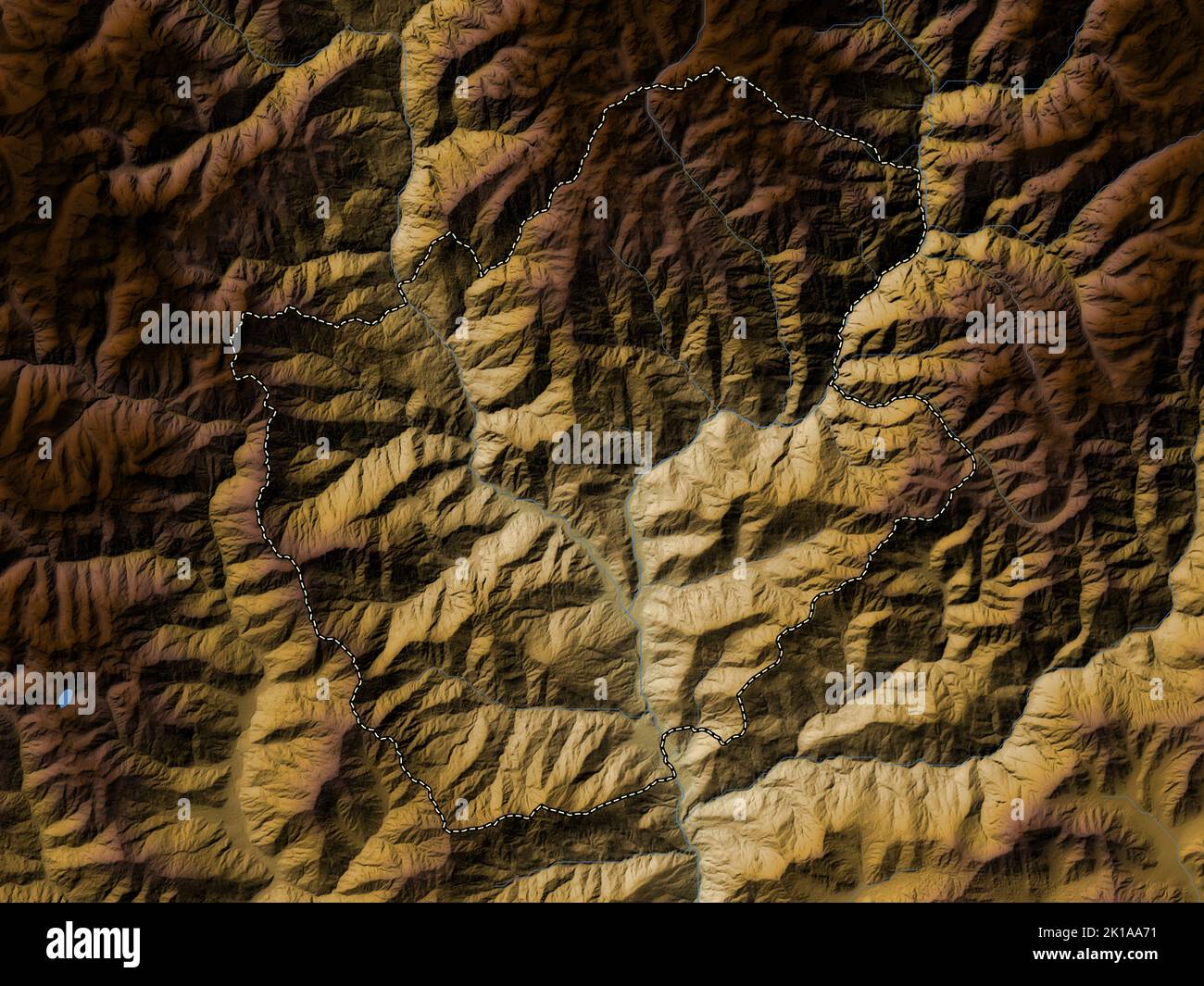 Punakha, district of Bhutan. Colored elevation map with lakes and ...