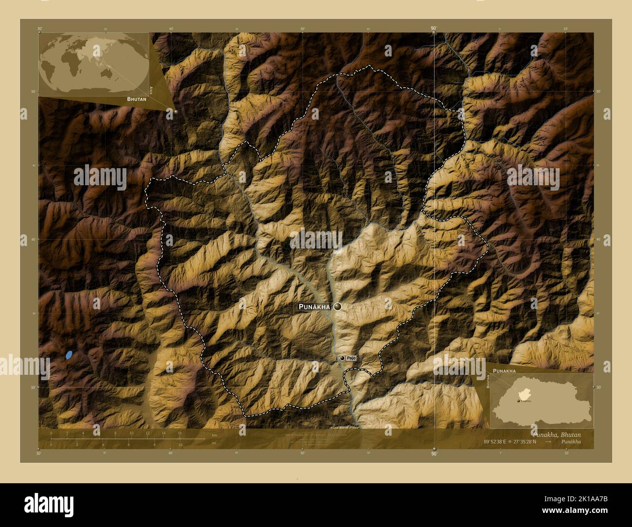 Punakha, district of Bhutan. Colored elevation map with lakes and ...