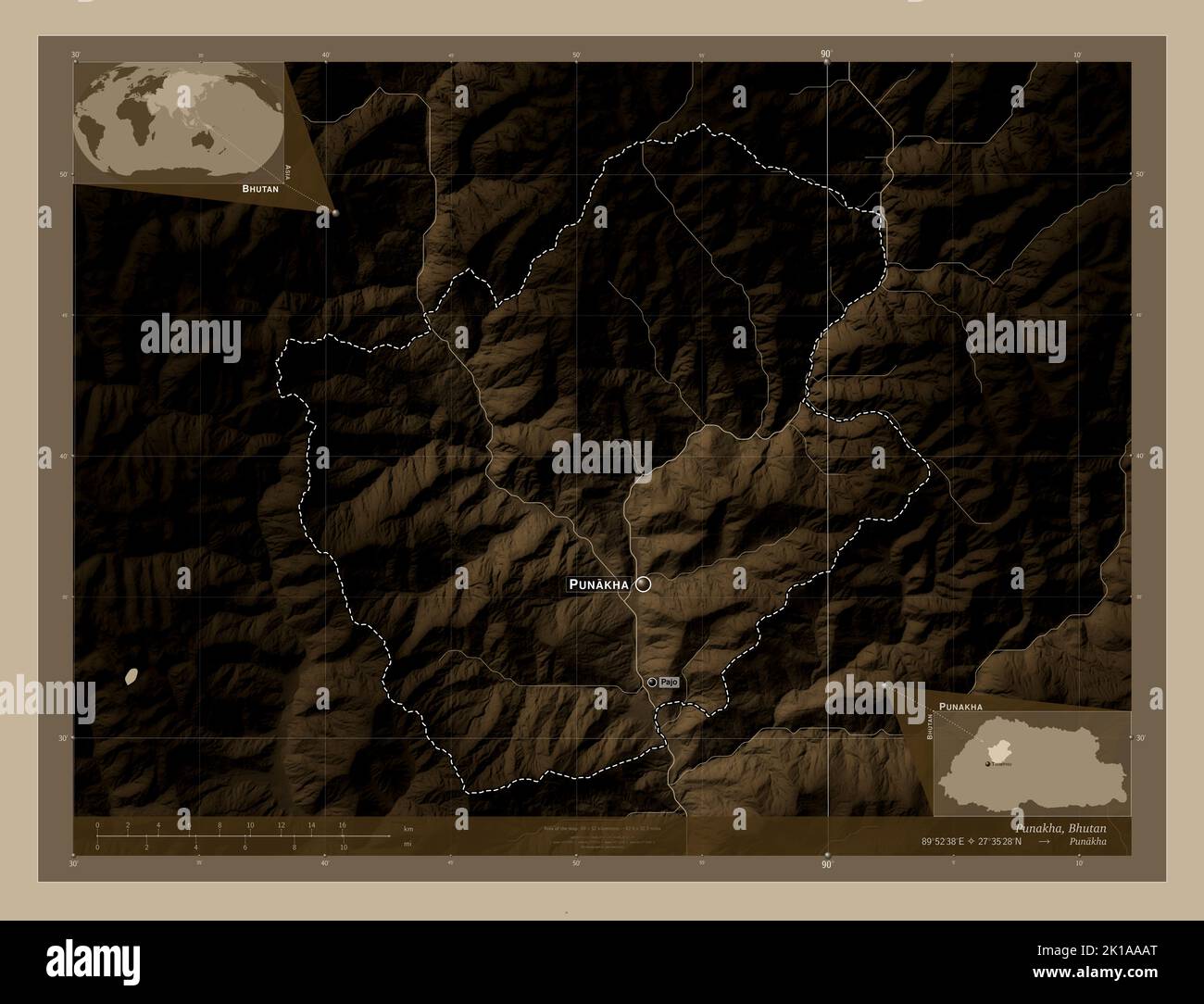 Punakha, district of Bhutan. Elevation map colored in sepia tones with ...