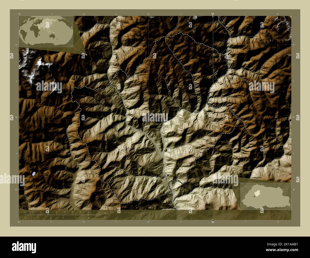 Punakha, district of Bhutan. Elevation map colored in wiki style with ...