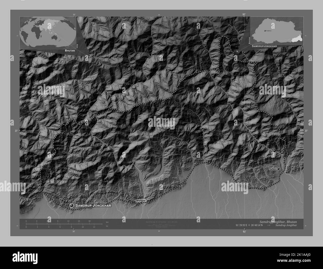Samdrupjongkhar, district of Bhutan. Grayscale elevation map with lakes and rivers. Locations ...
