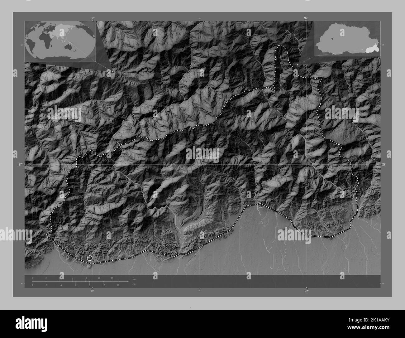 Samdrupjongkhar, district of Bhutan. Grayscale elevation map with lakes and rivers. Corner ...