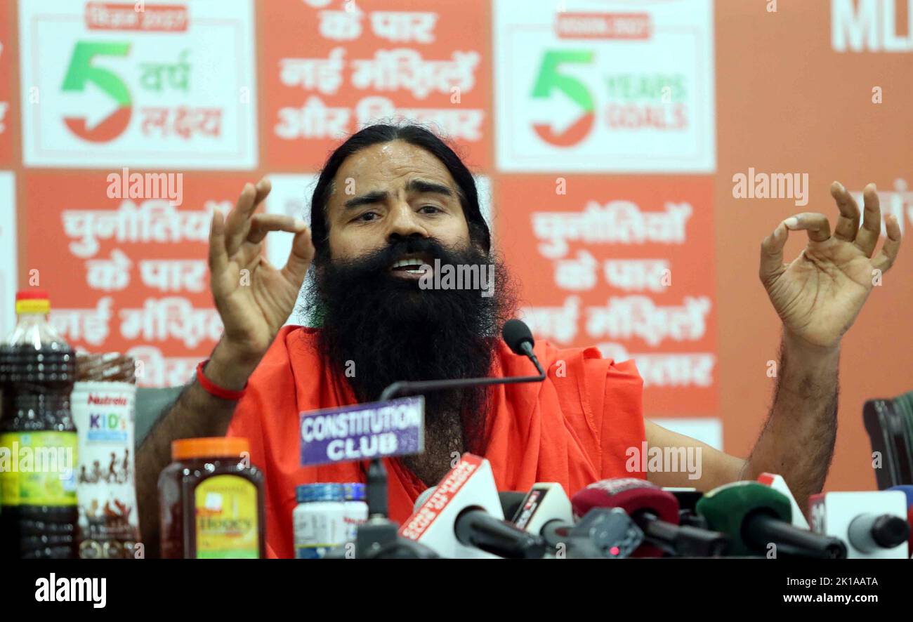 India. 16th Sep, 2022. NEW DELHI, INDIA - SEPTEMBER 16: Yog Guru Swami Ramdev addressing a press ...