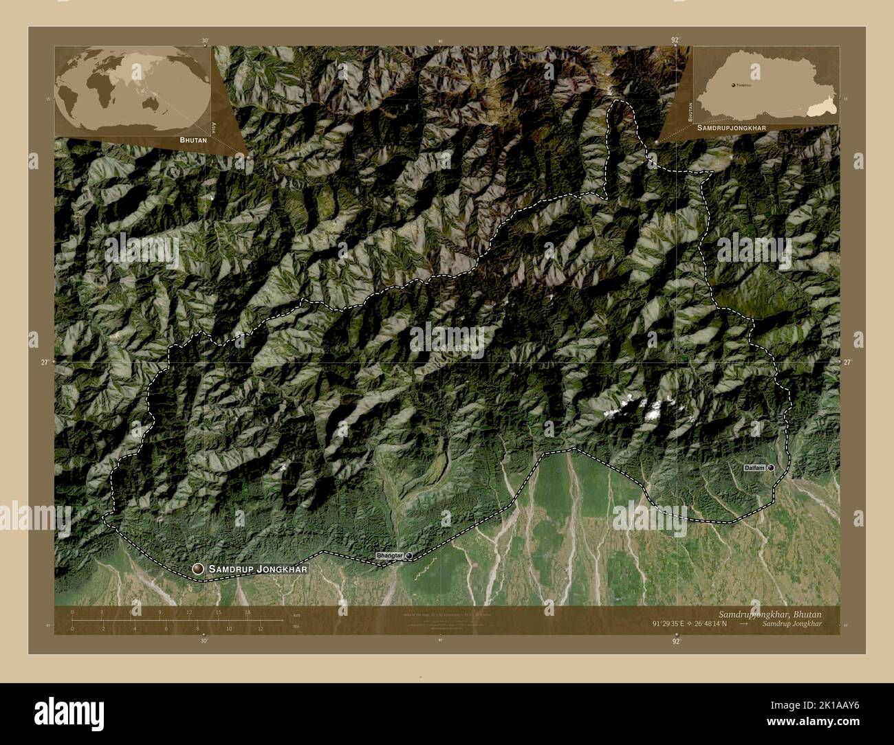 Samdrupjongkhar, district of Bhutan. Low resolution satellite map ...