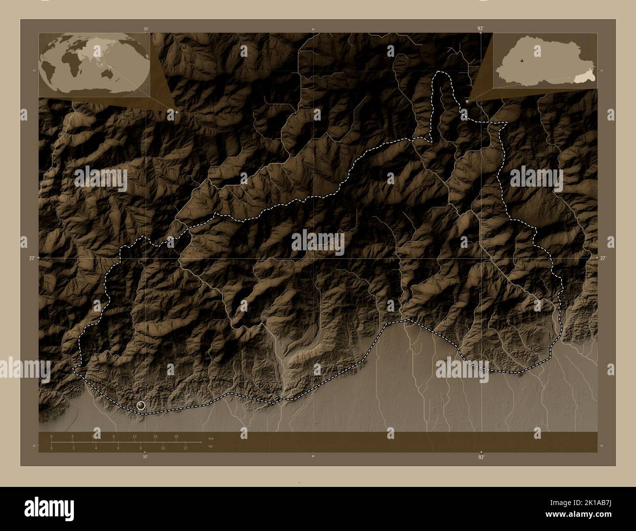 Samdrupjongkhar, district of Bhutan. Elevation map colored in sepia tones with lakes and rivers ...