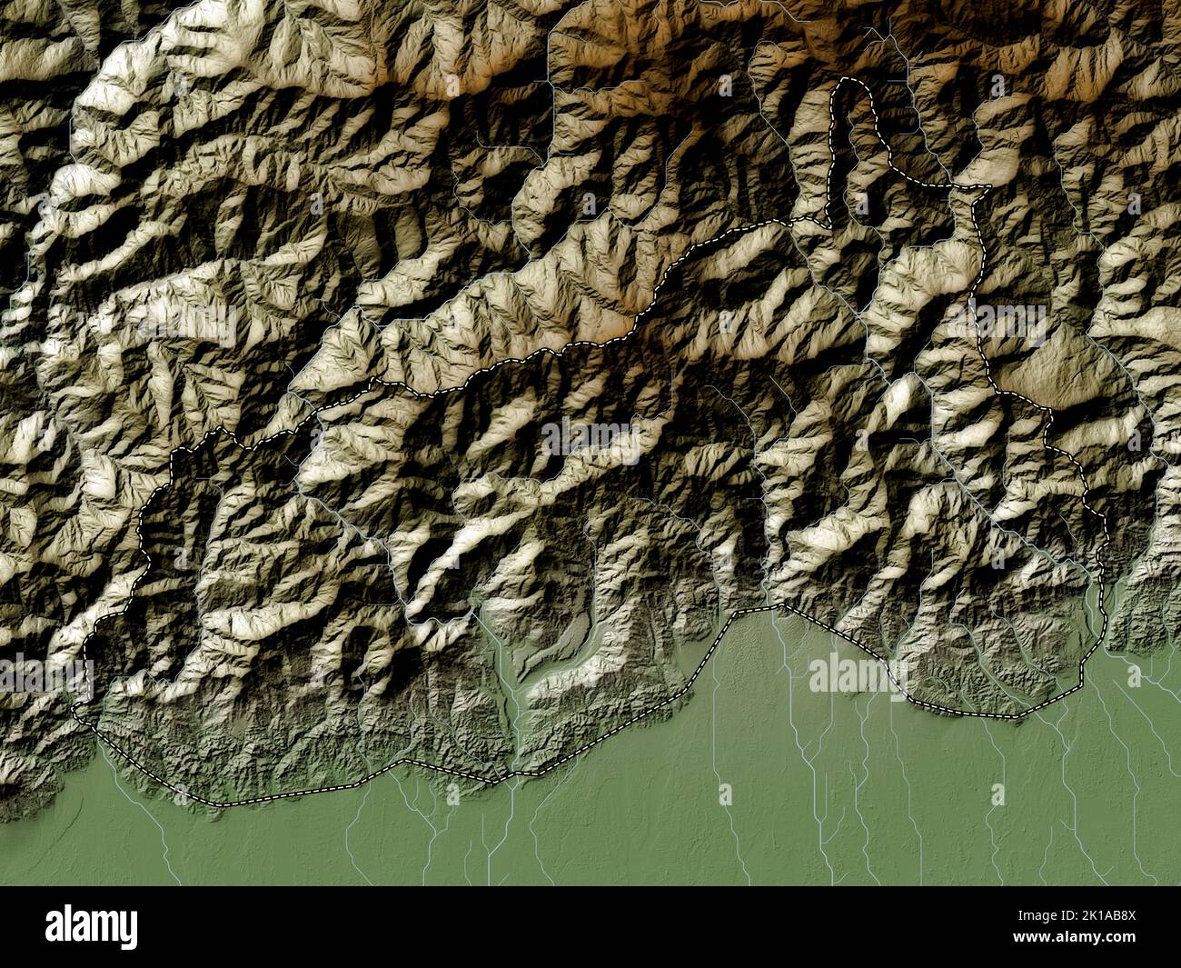 Samdrupjongkhar, district of Bhutan. Elevation map colored in wiki style with lakes and rivers ...