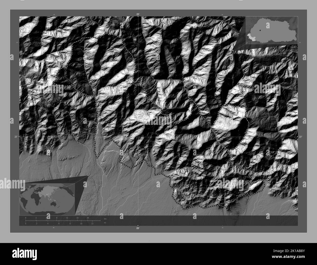 Samtse, district of Bhutan. Bilevel elevation map with lakes and rivers ...