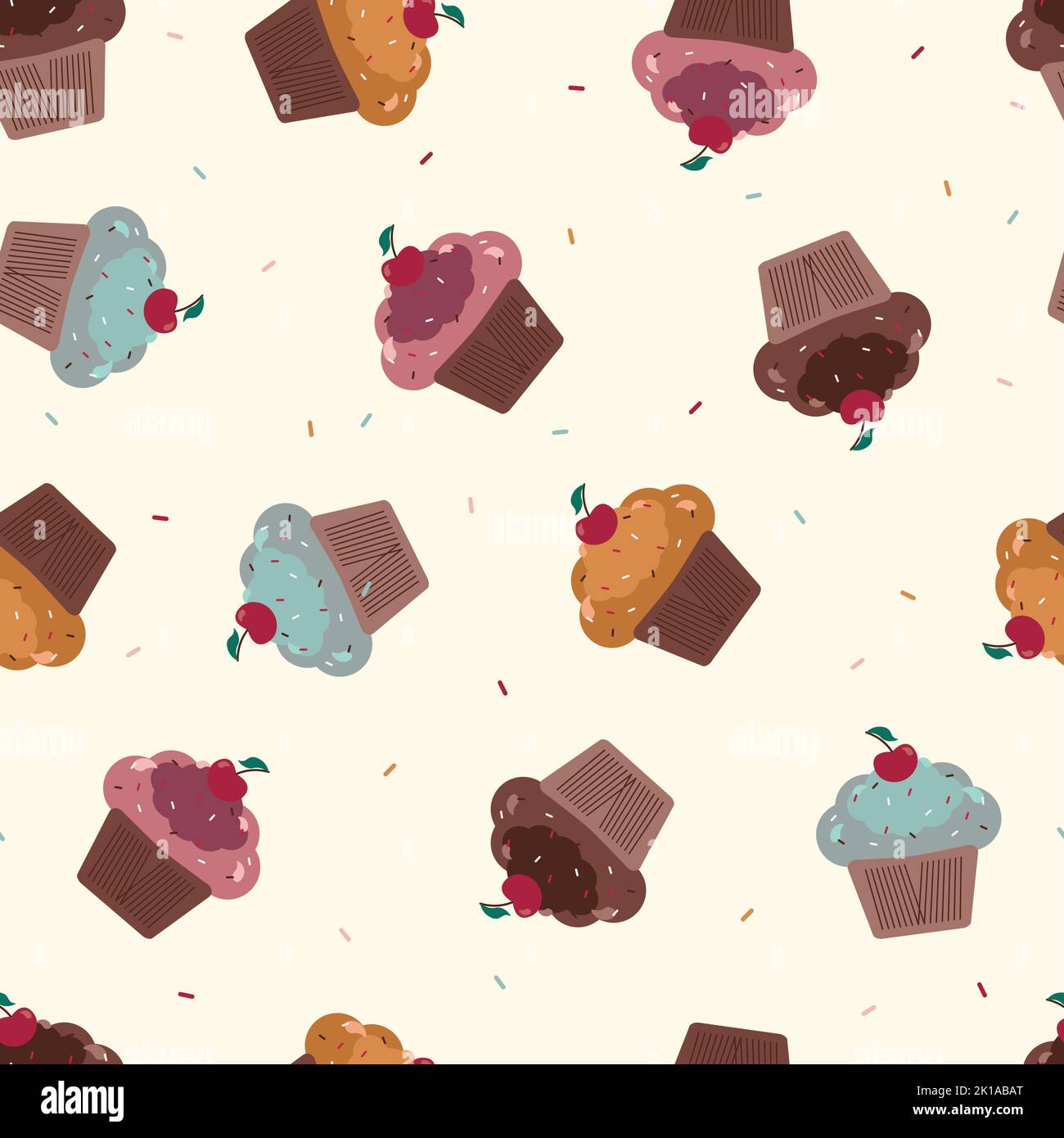 Seamless vector pattern with different cupcakes on a light yellow ...
