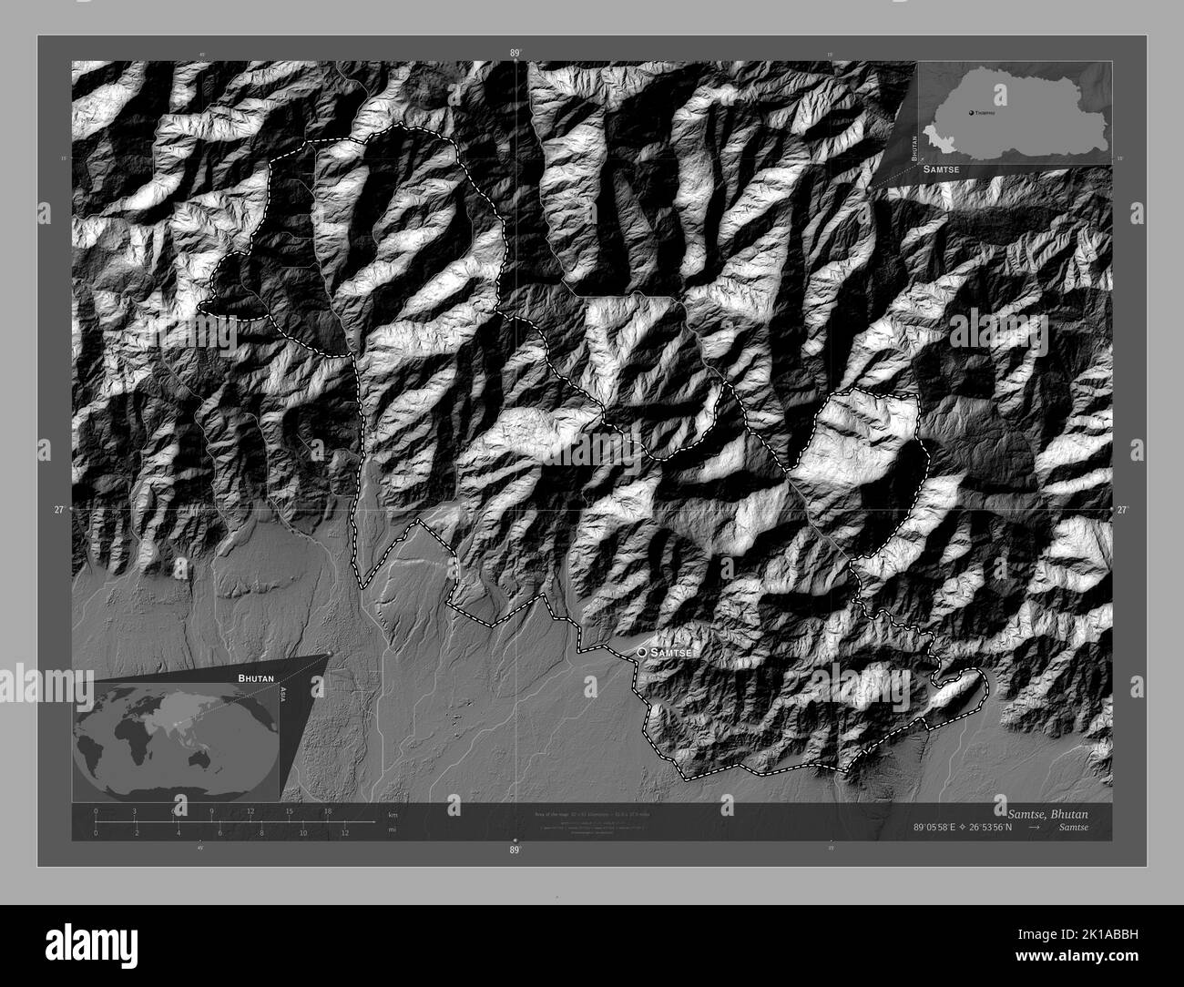 Samtse, district of Bhutan. Bilevel elevation map with lakes and rivers ...