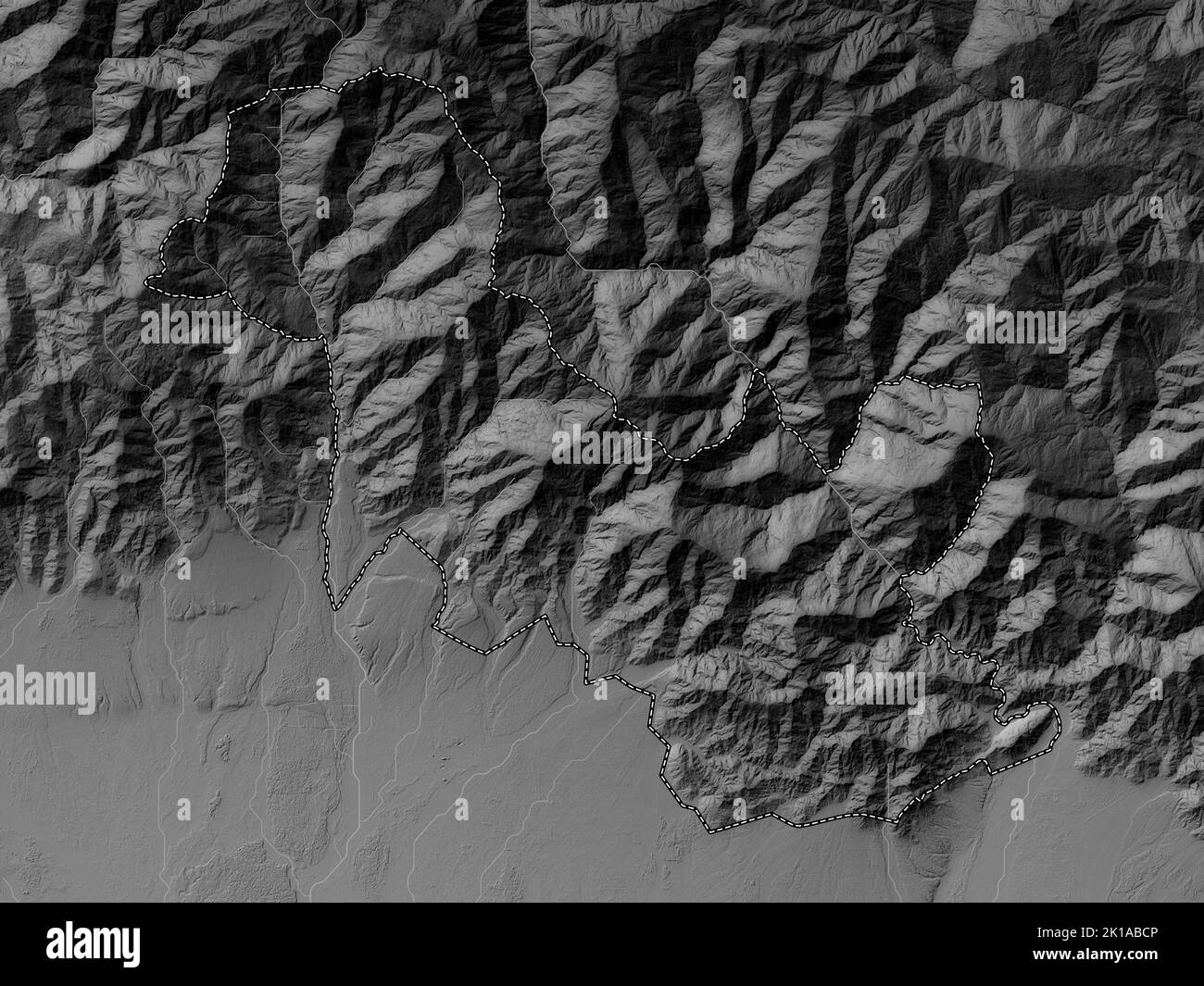 Samtse, district of Bhutan. Grayscale elevation map with lakes and ...