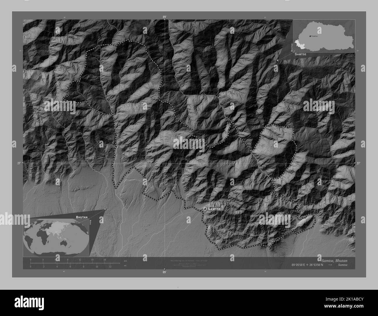 Samtse, district of Bhutan. Grayscale elevation map with lakes and ...