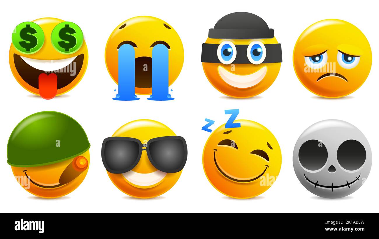Emoji and emoticon faces vector set. Emojis or emoticons with crazy ...