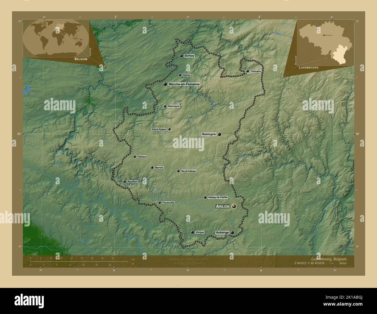 Luxembourg, province of Belgium. Colored elevation map with lakes and ...