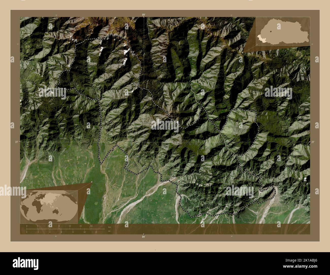Samtse, district of Bhutan. Low resolution satellite map. Corner ...