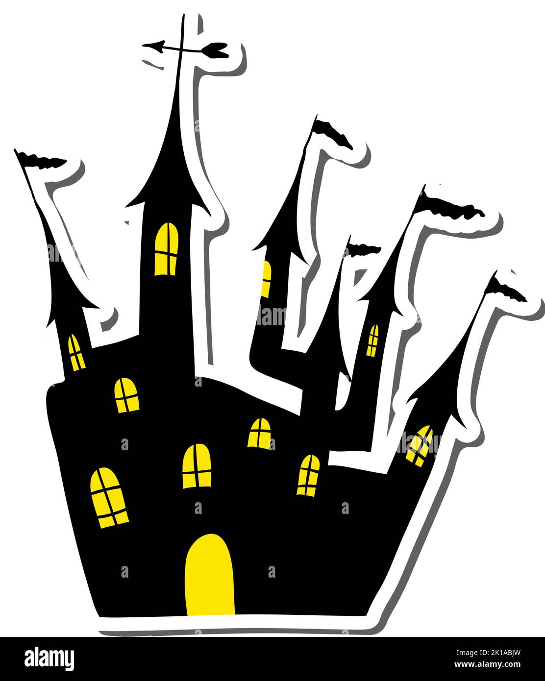 Halloween black castle with yellow windows Sticker with shadow. Vector ...