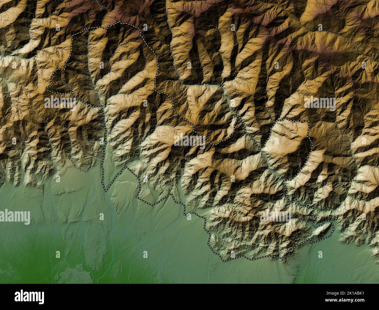 Samtse, district of Bhutan. Colored elevation map with lakes and rivers ...