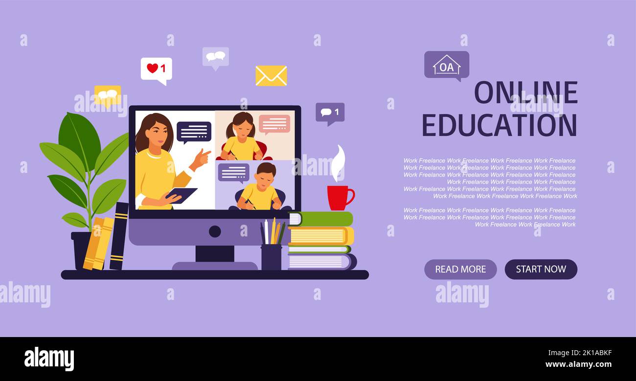 Online learning concept. Online class landing page. Teacher at chalkboard, video lesson ...
