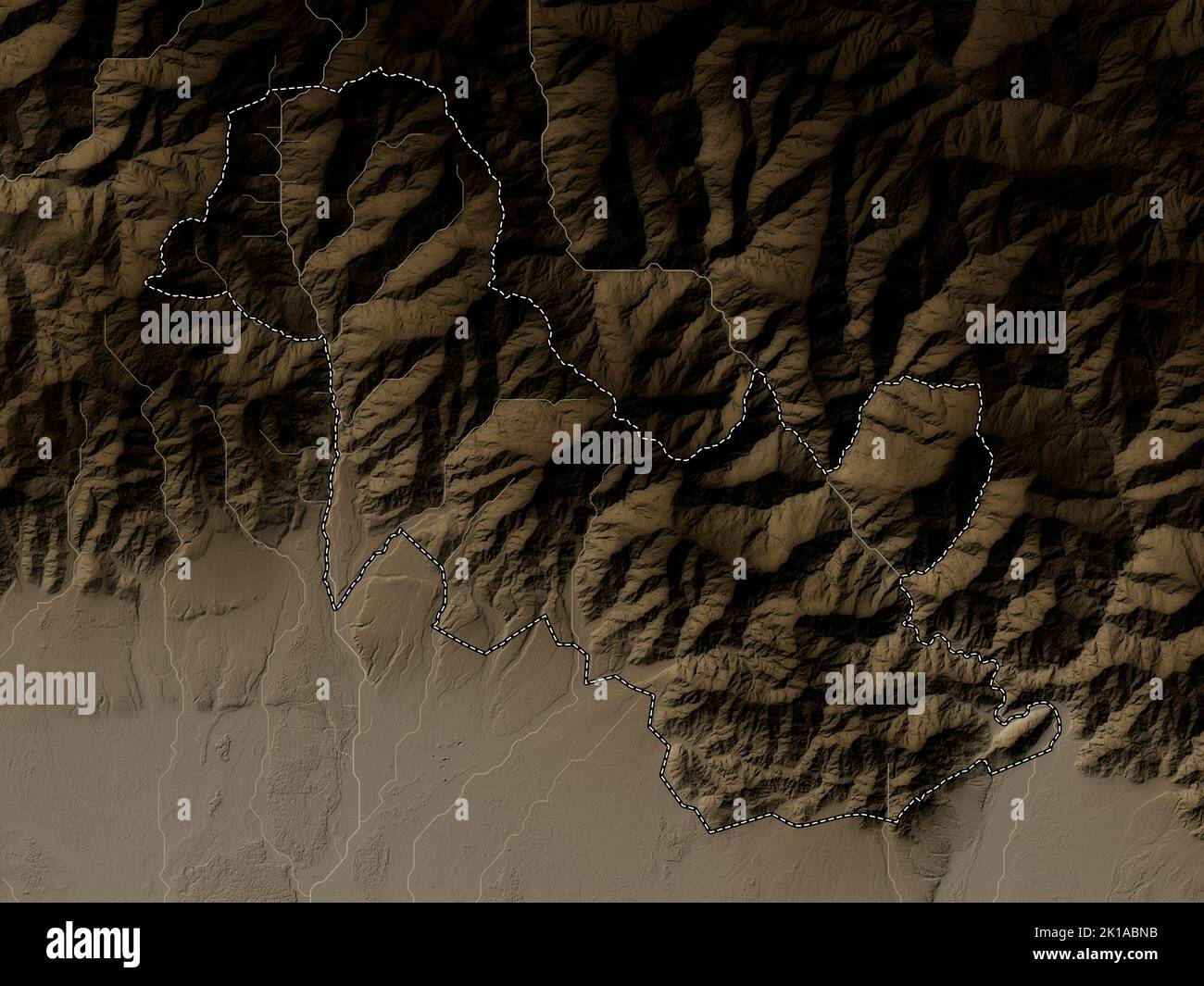 Samtse, district of Bhutan. Elevation map colored in sepia tones with ...