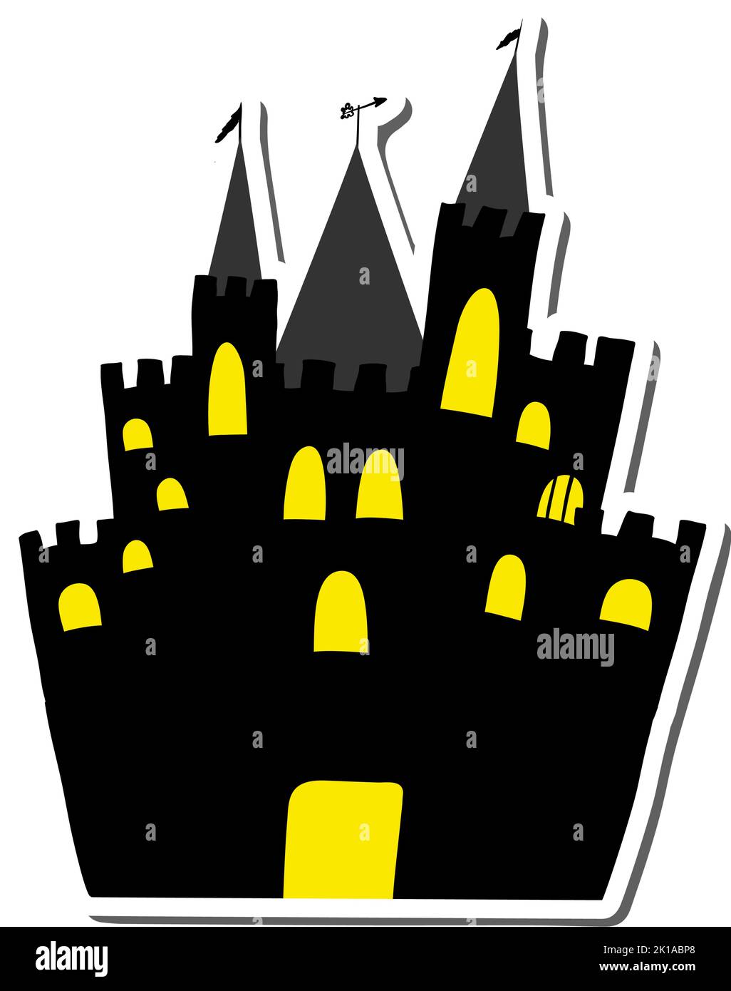 Halloween black castle with yellow windows Sticker with shadow. Vector ...