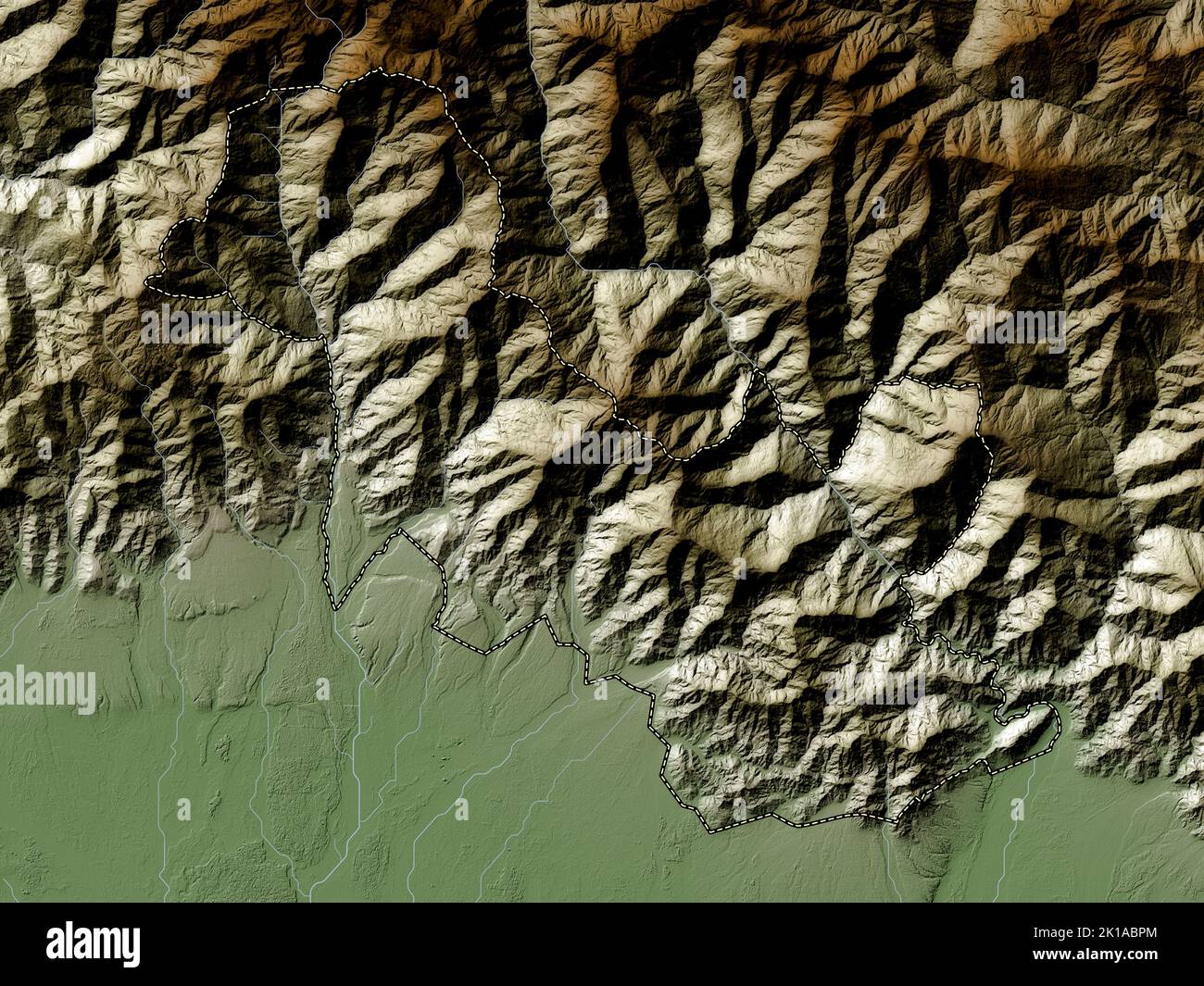 Samtse, district of Bhutan. Elevation map colored in wiki style with ...